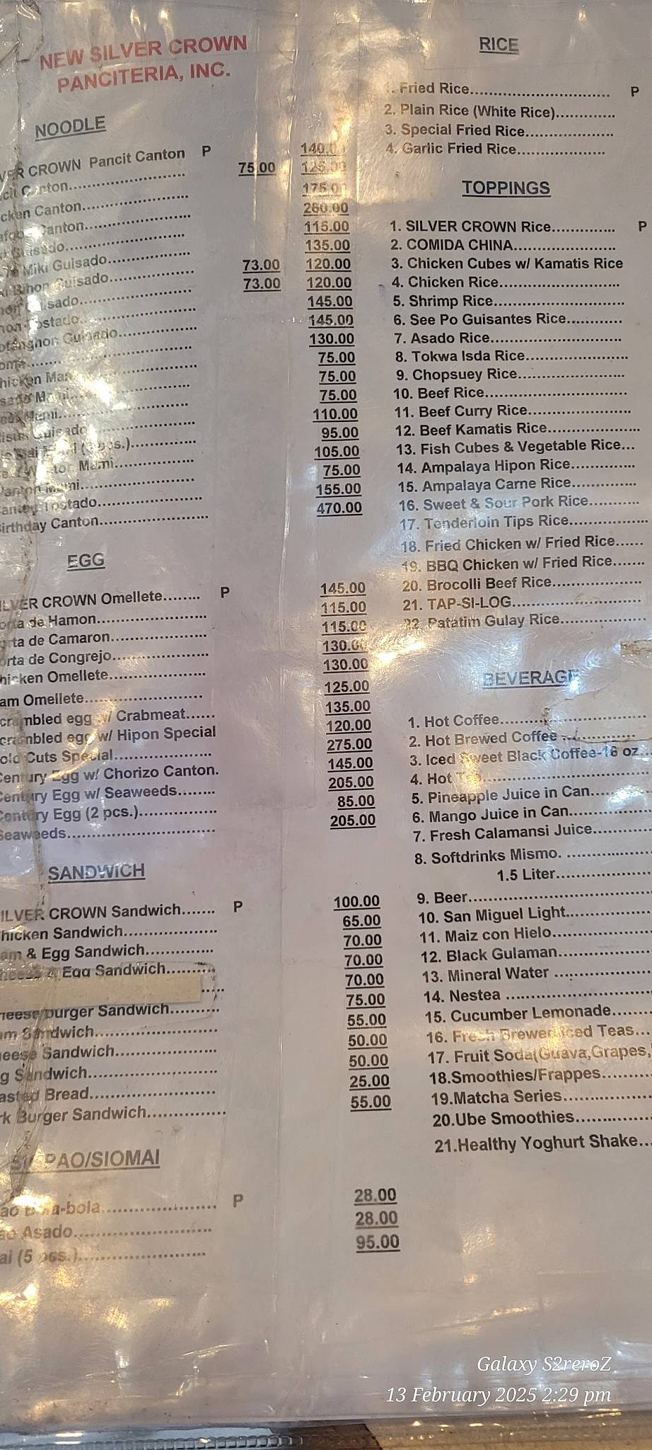 Menu at New Silver Crown Panciteria, Inc. restaurant, Caloocan