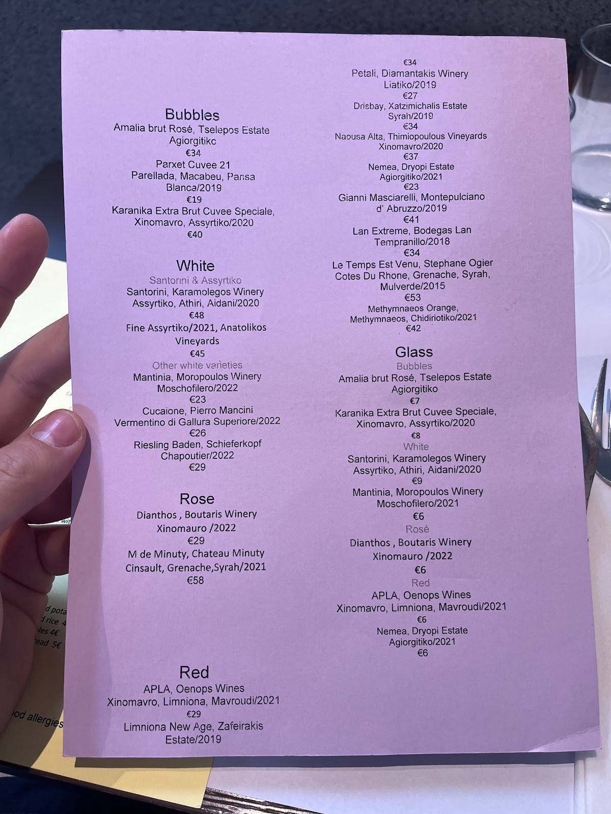 Menu at Nolan, Athens