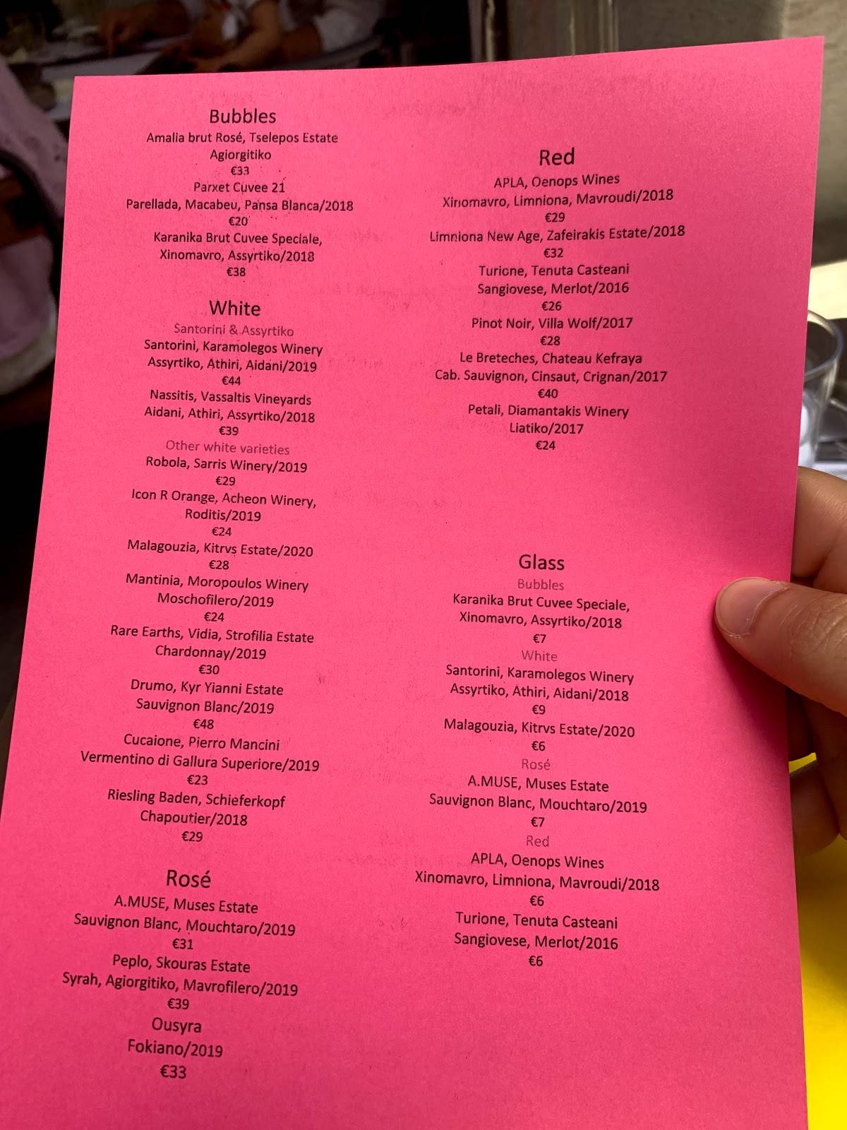 Menu at Nolan, Athens