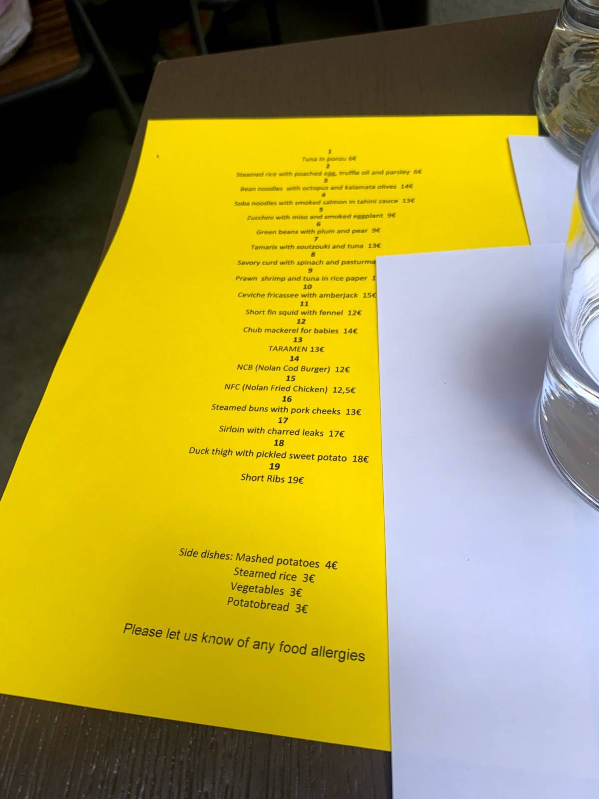 Menu at Nolan, Athens