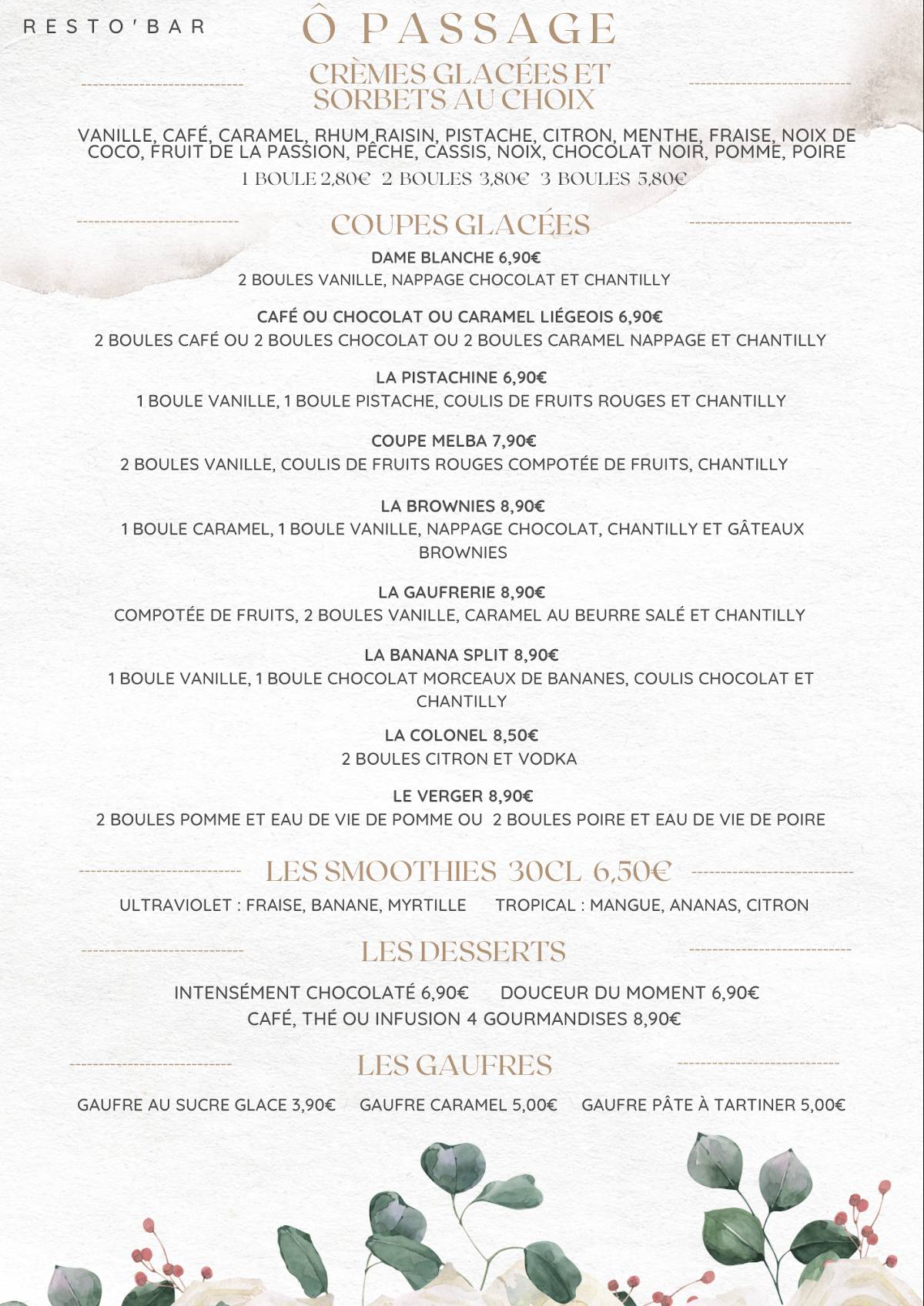 Menu au ô Passage restaurant, Saint-Léonard-des-Bois
