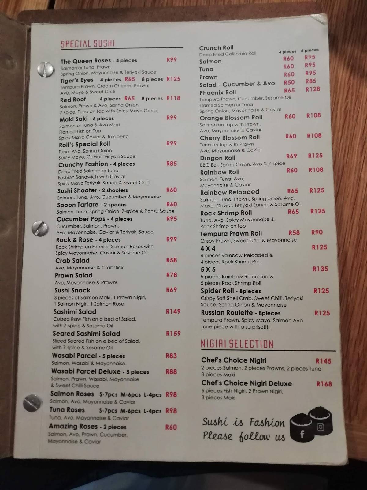 Menu at Oceans 8 Seafood & Sushi Somerset West restaurant, Cape Town
