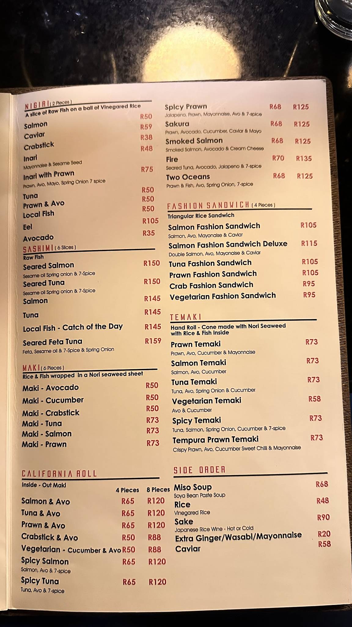Menu at Oceans 8 Seafood & Sushi Somerset West restaurant, Cape Town