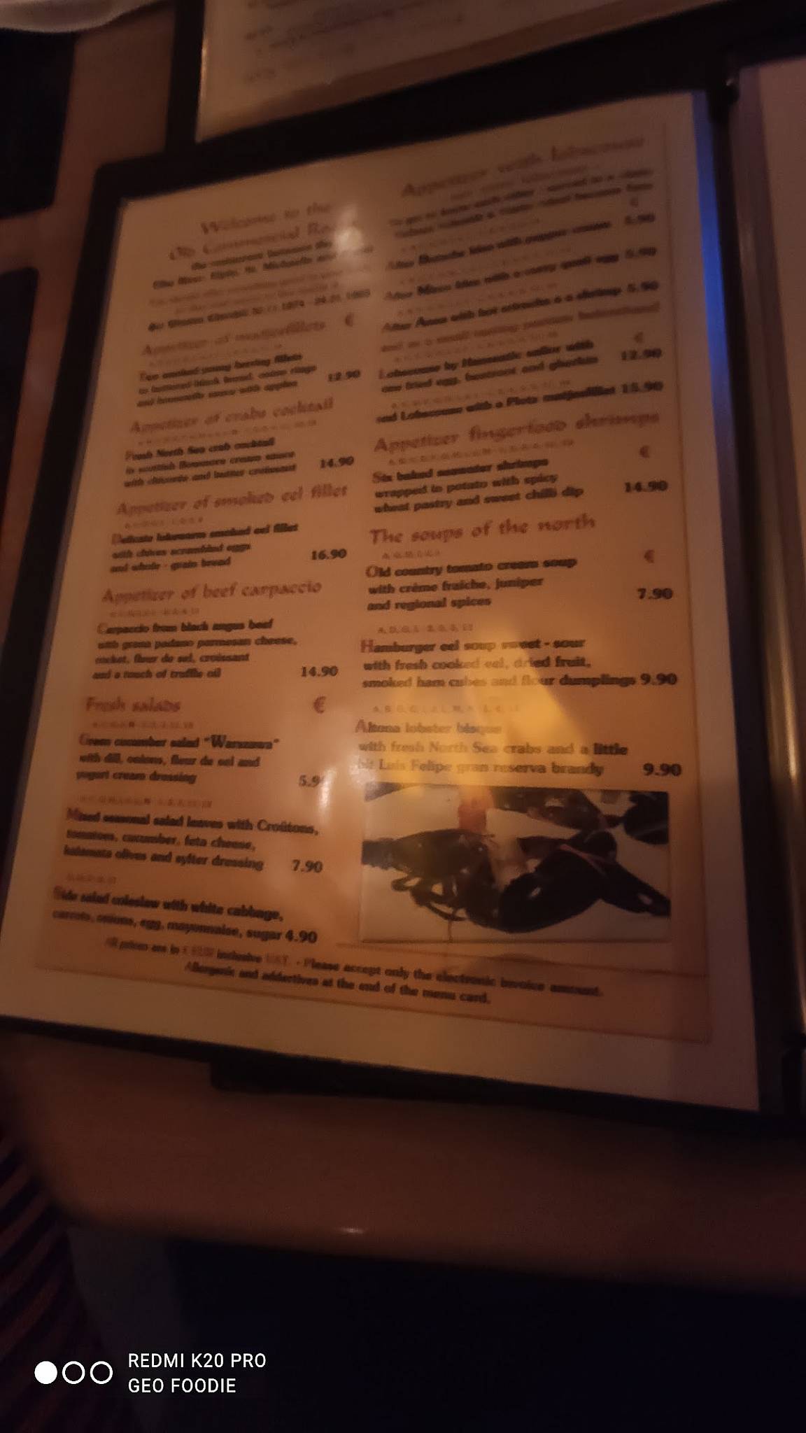 Menu at Old Commercial Room restaurant, Hamburg