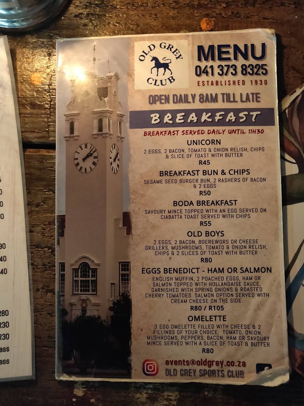 Menu at Old Grey Club, Port Elizabeth