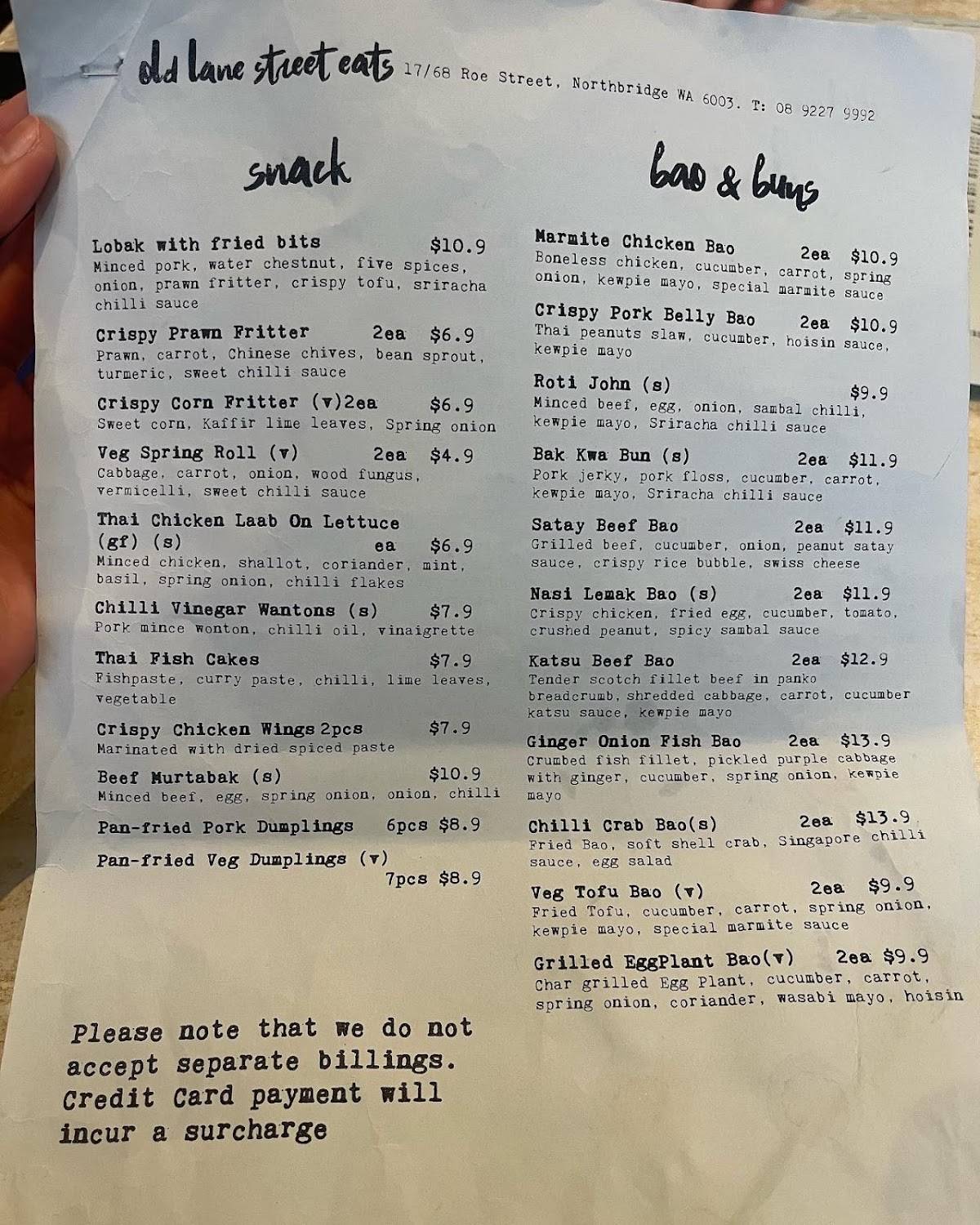 Menu at Old Lane Street Eats restaurant, Northbridge, 17/68 Roe St