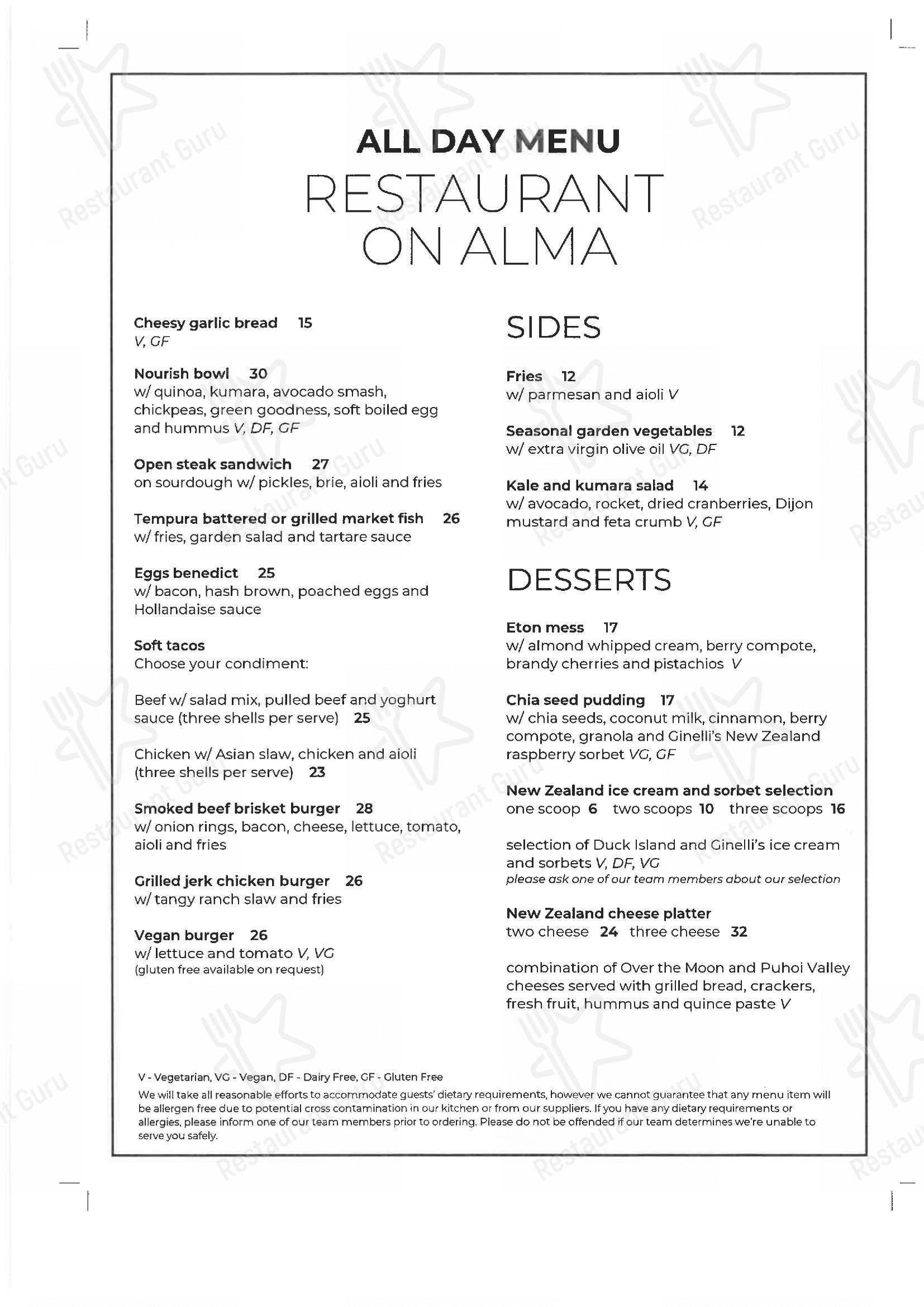 Menu at Restaurant On Alma, Hamilton