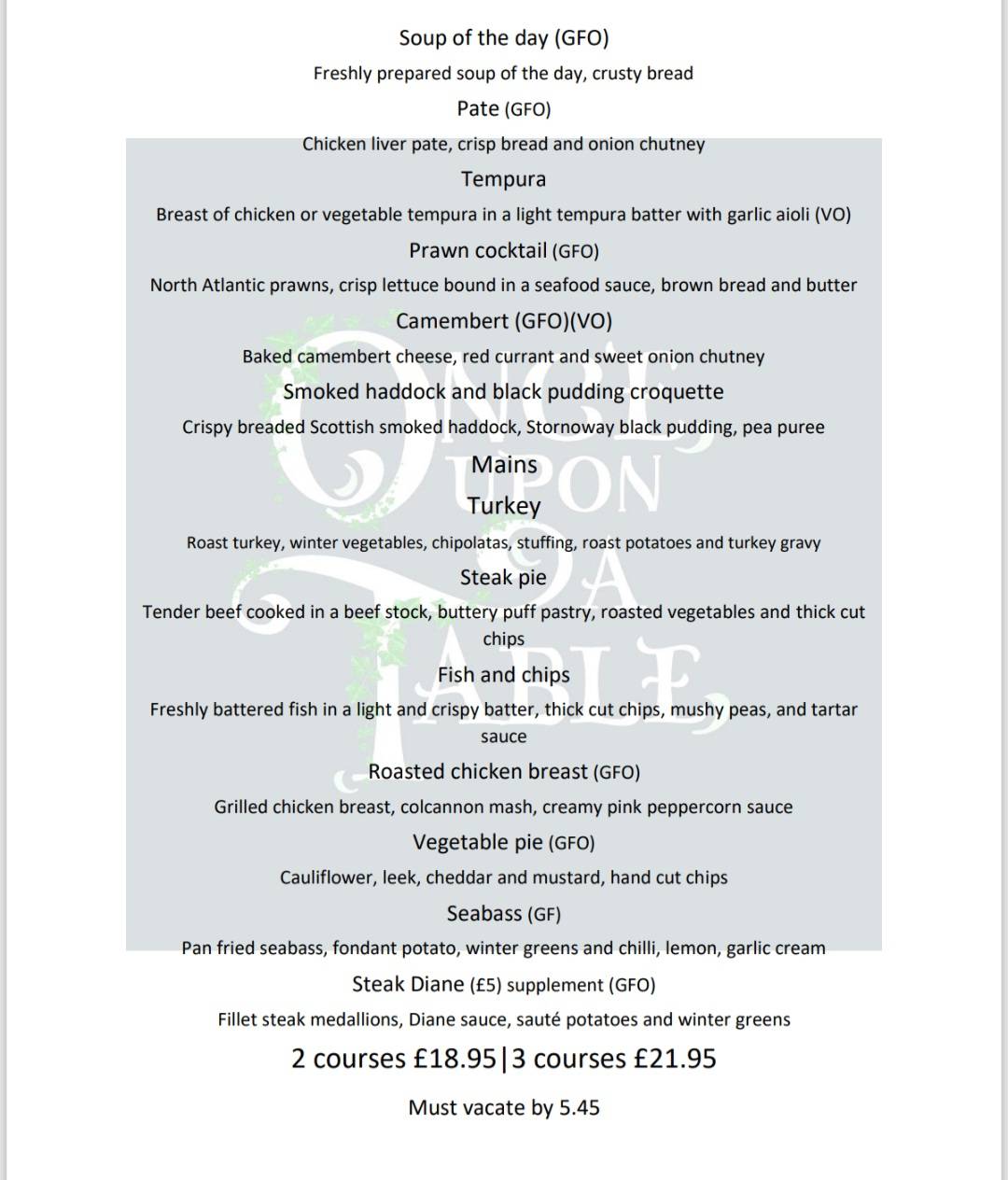 Menu at Once upon a Table restaurant, Glasgow