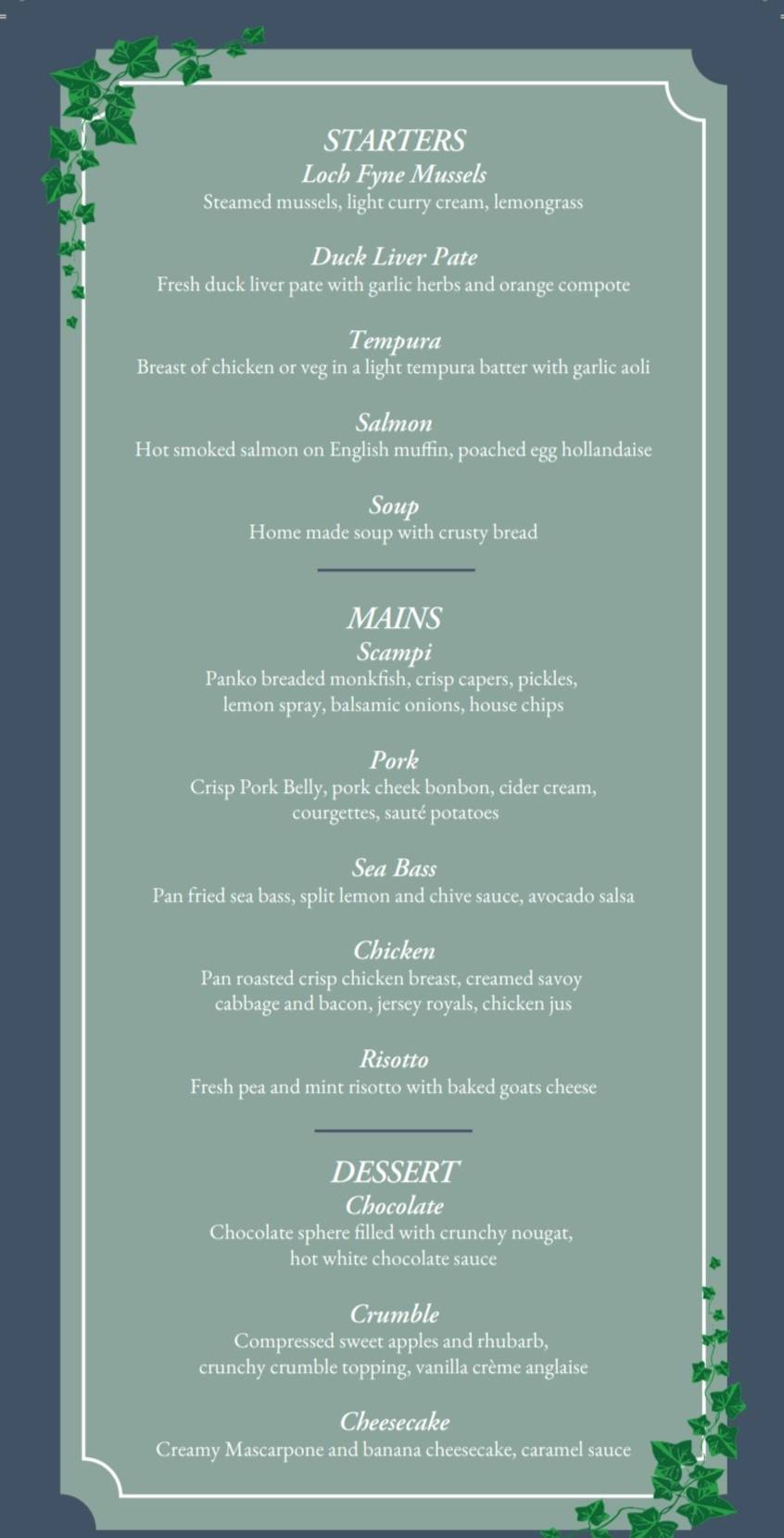 Menu at Once upon a Table restaurant, Glasgow