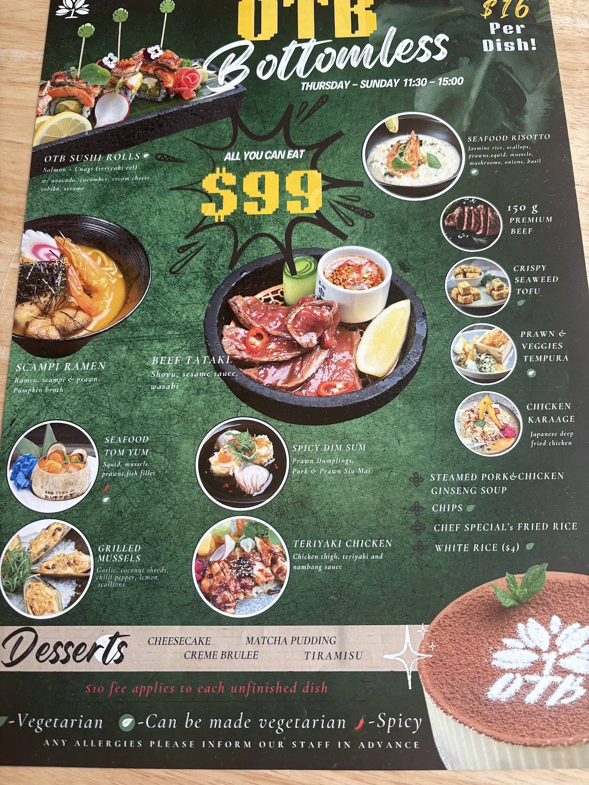 Menu at One Tree Buffet restaurant, Auckland