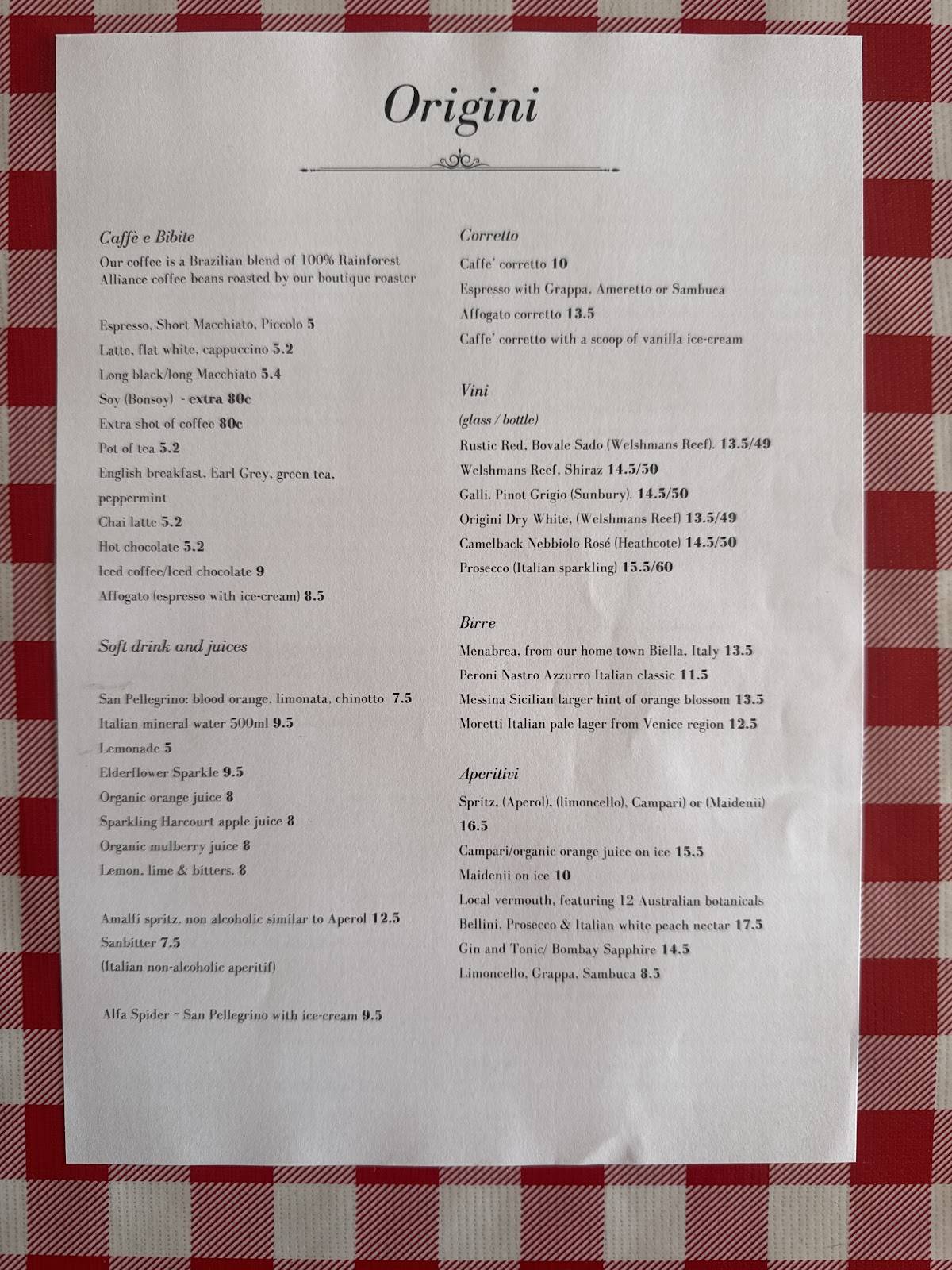 Menu at Origini Cafe, Castlemaine