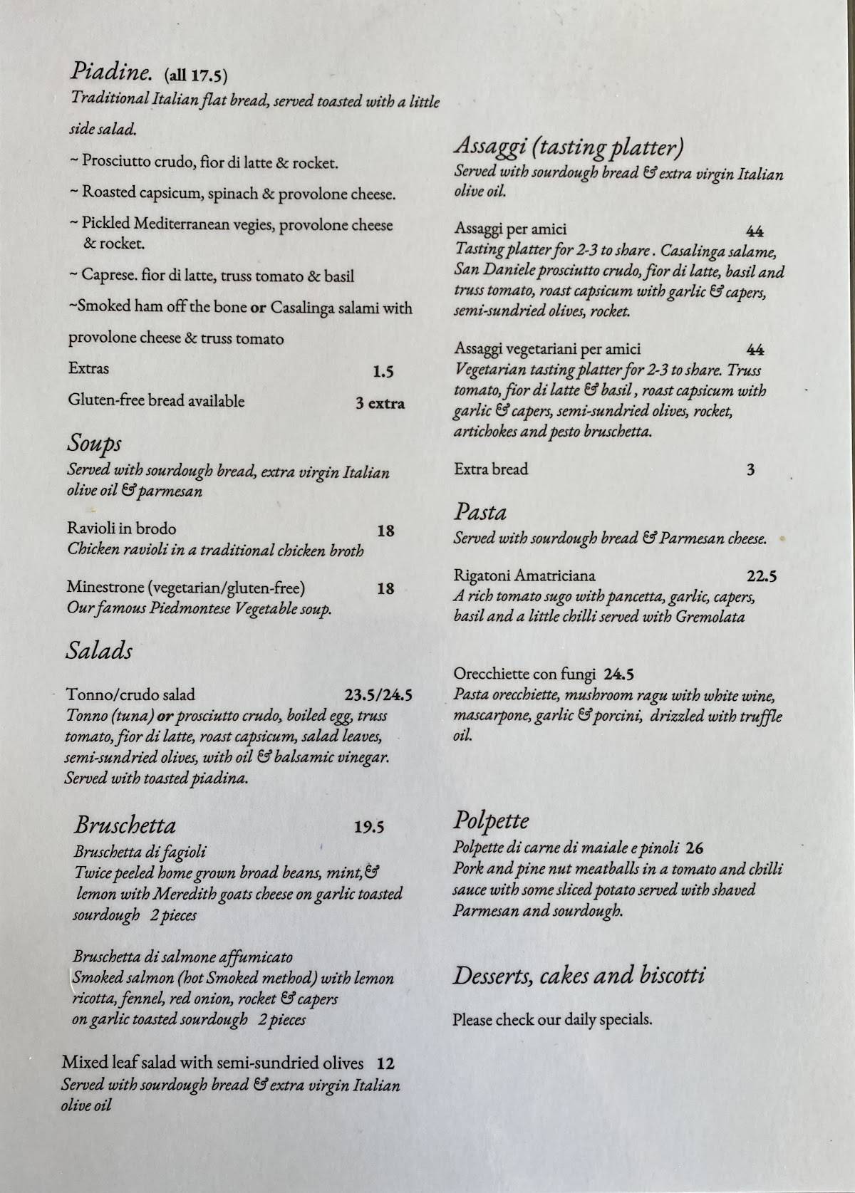 Menu at Origini Cafe, Castlemaine