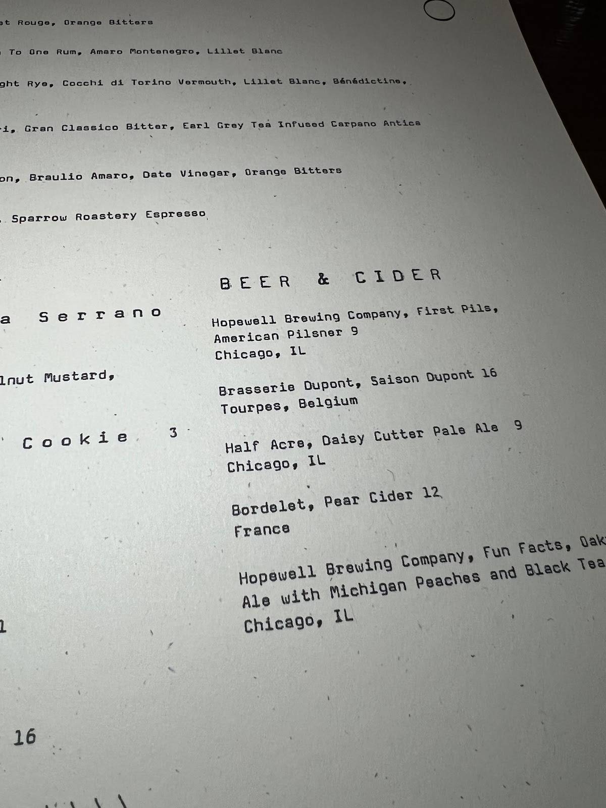 Menu at Oriole restaurant, Chicago