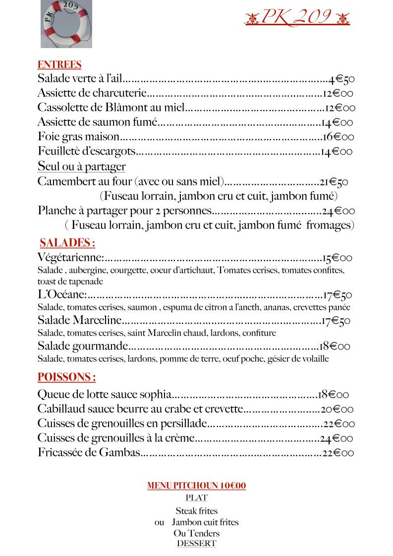 Menu au Restaurant PK 209, Lagarde, 68 Rue Basse