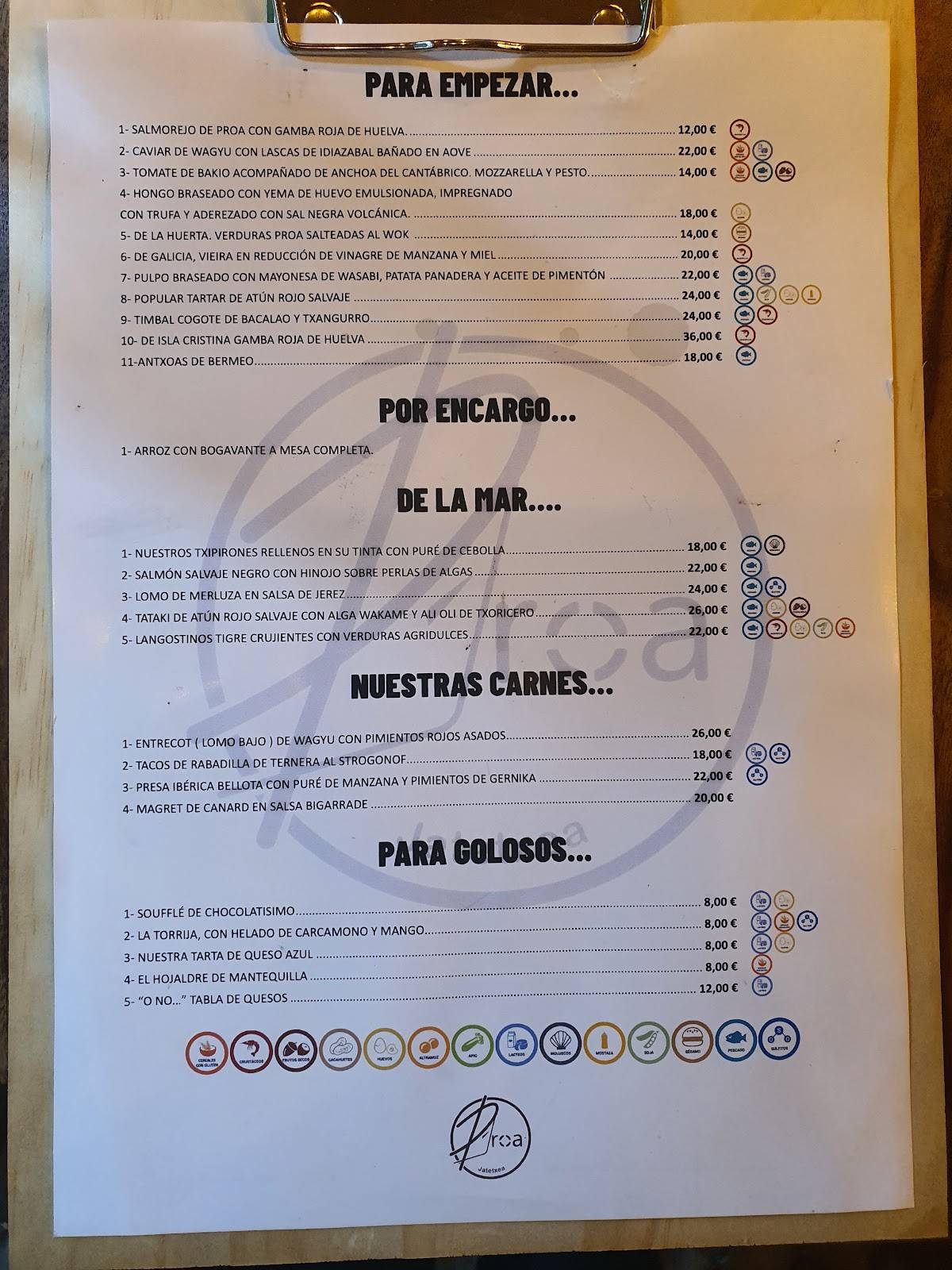 Carta del restaurante PROA Jatetxea, Baquio