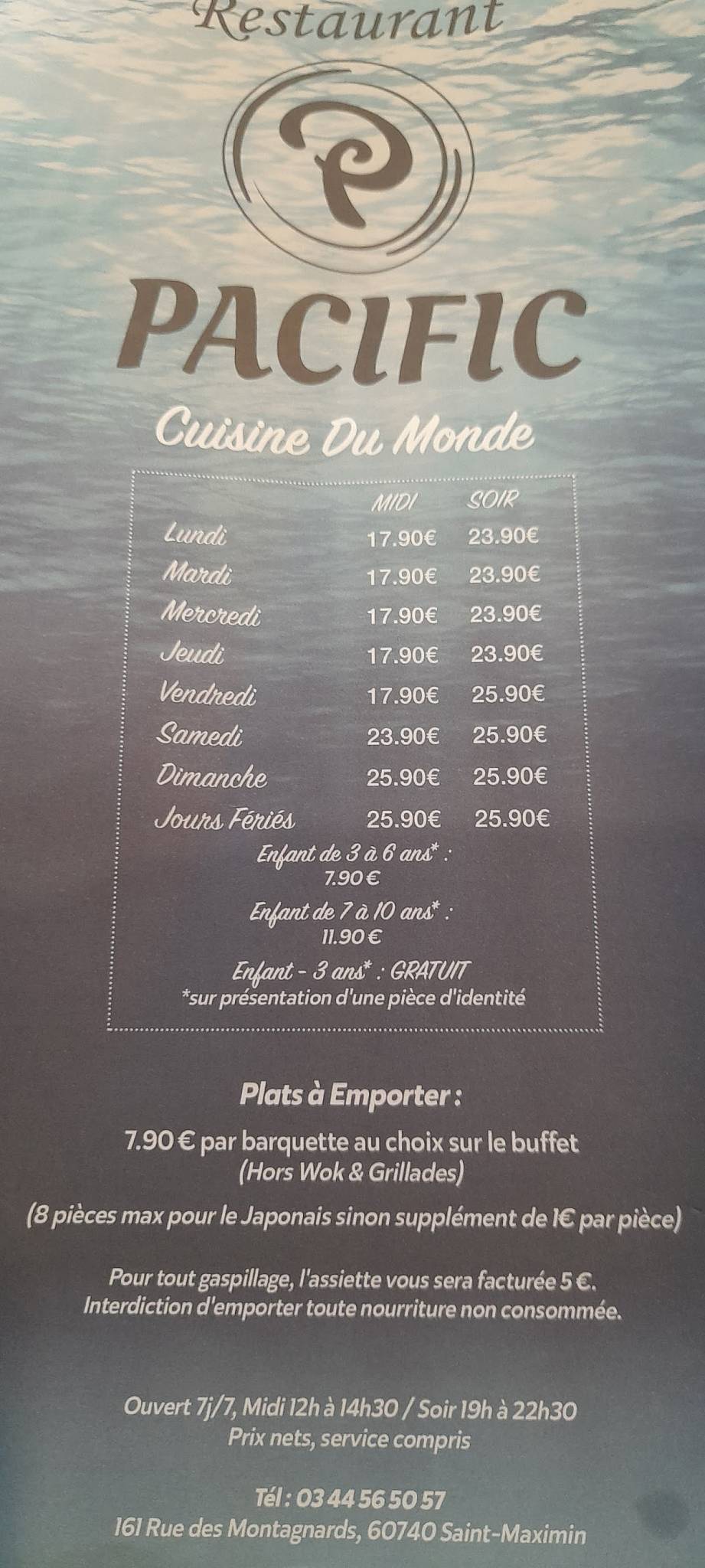 Menu au Restaurant Pacific, Saint-Maximin