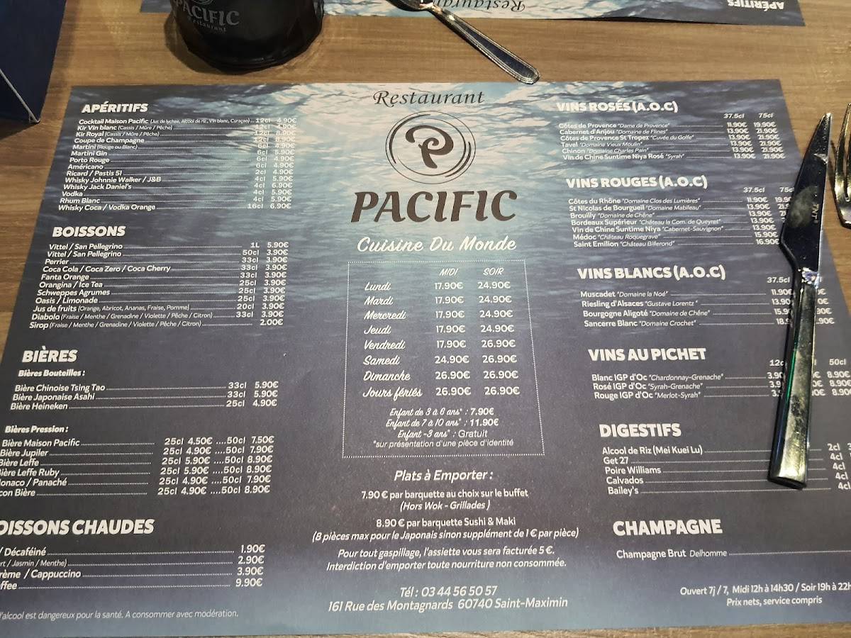 Menu au Restaurant Pacific, Saint-Maximin