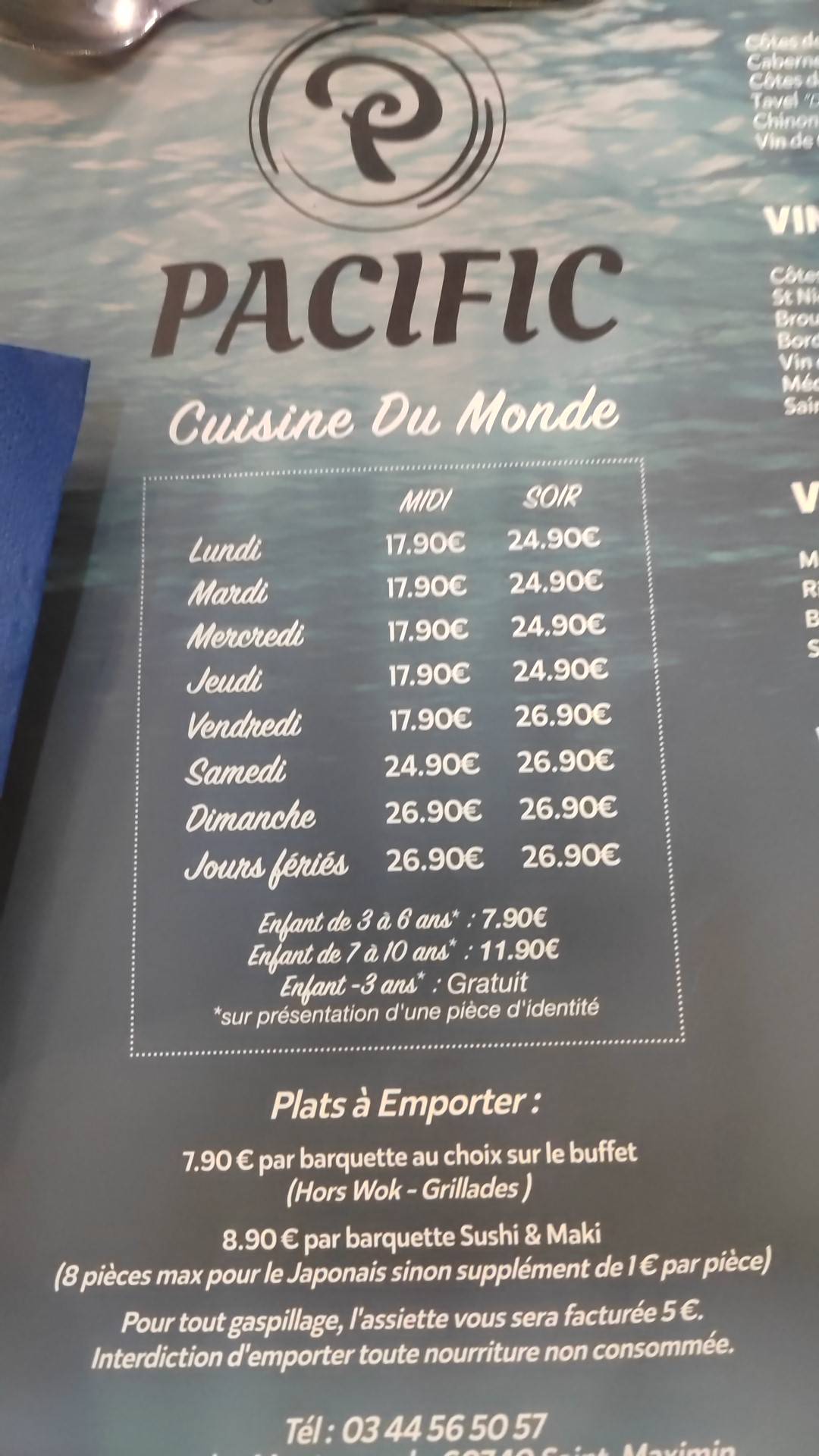 Menu au Restaurant Pacific, Saint-Maximin