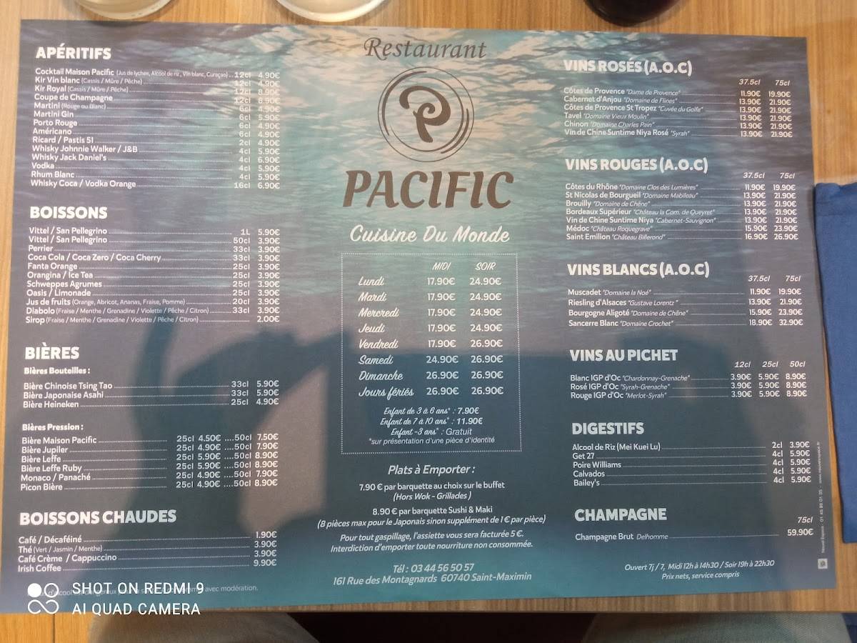 Menu au Restaurant Pacific, Saint-Maximin