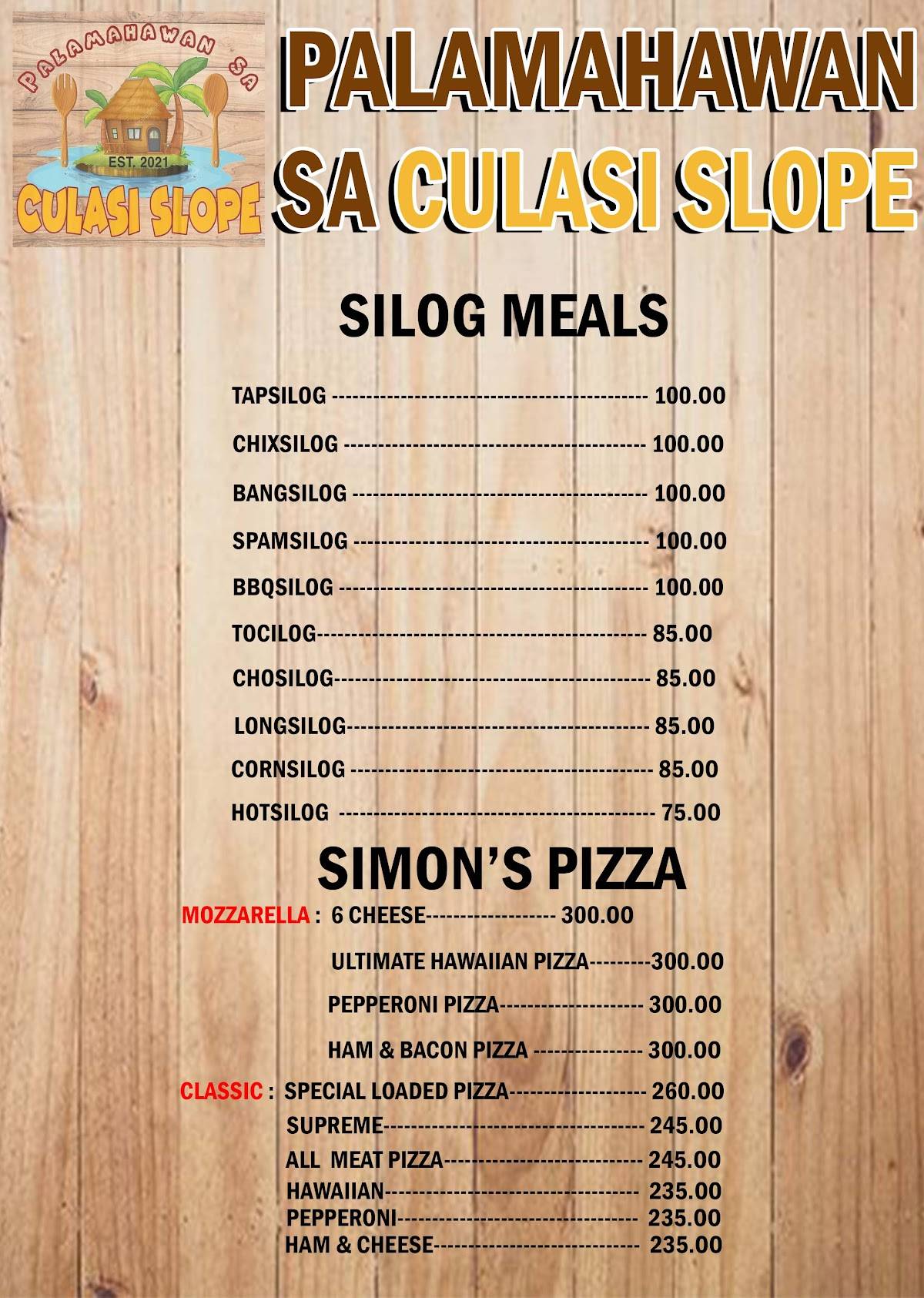 Menu at Palamahawan sa Culasi Slope restaurant, Roxas City
