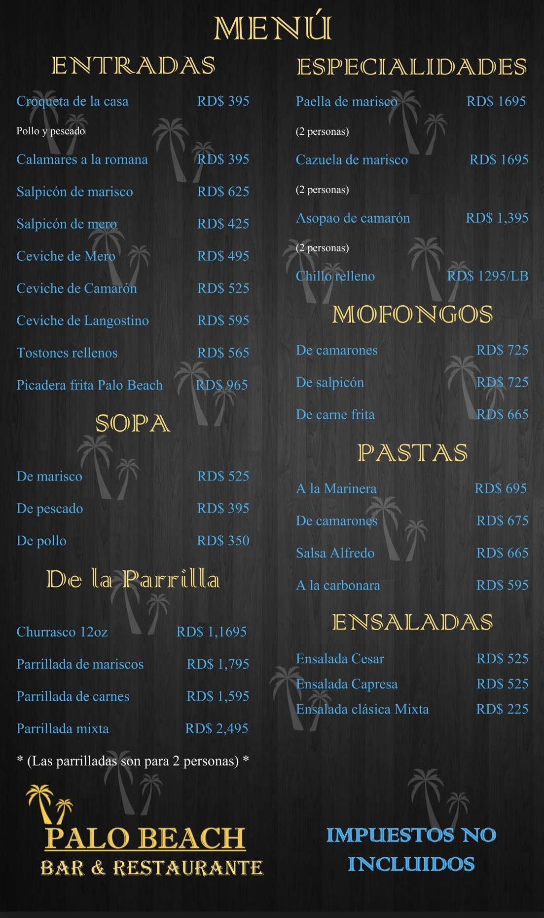 Carta de Palo Beach Bar y Restaurante, Playa Juan Dolio