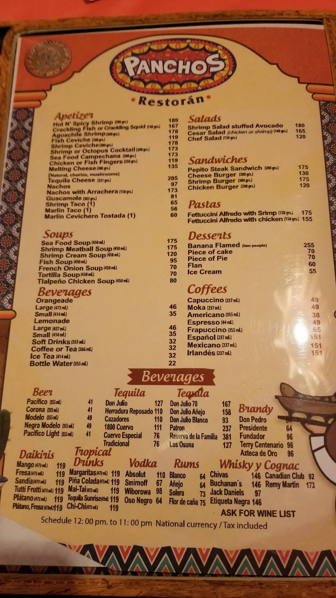 Carta de Restaurant Panchos, Mazatlán, Av. Camaron Sabalo 1614-B