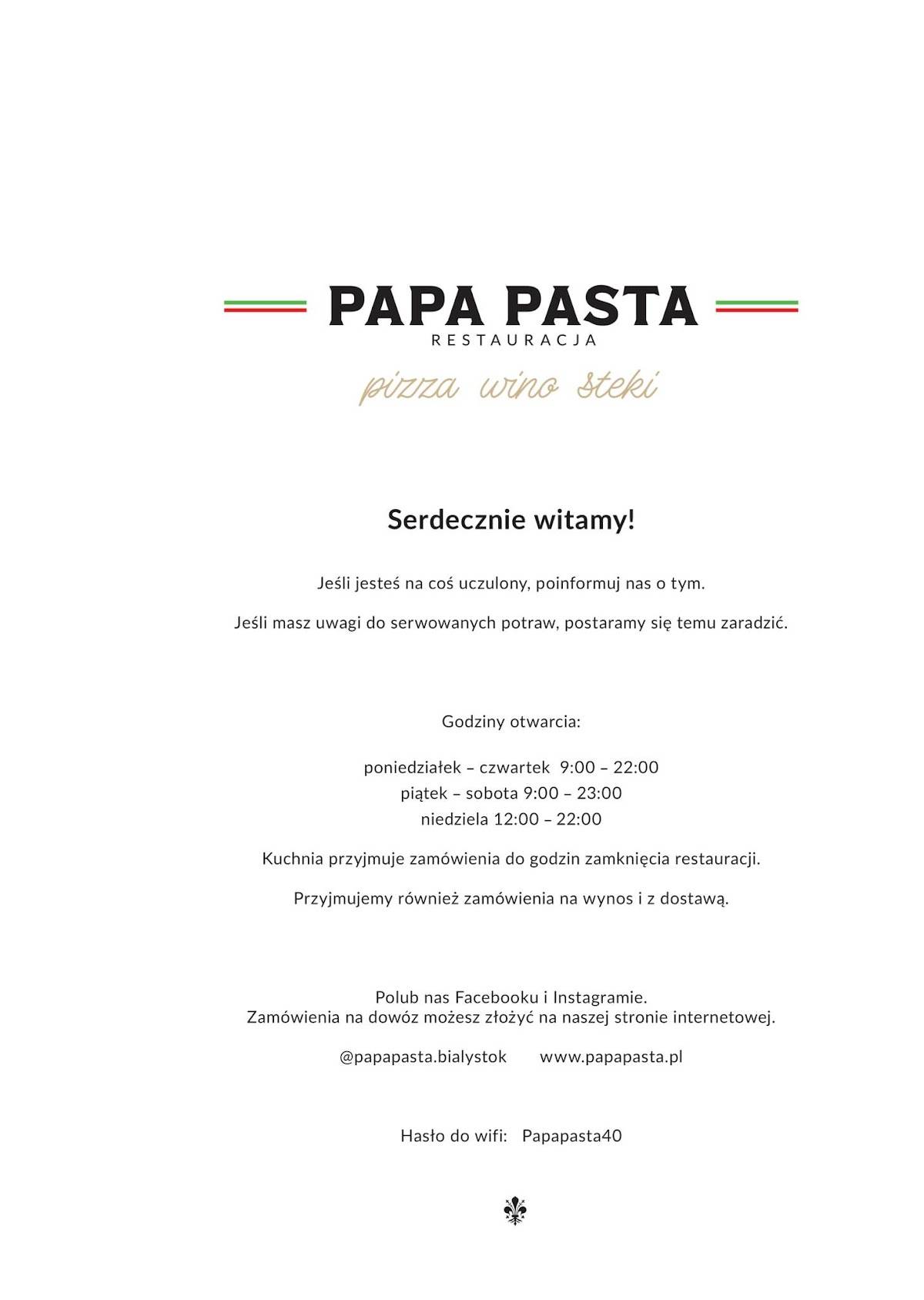 Menu at Papa Pasta Restauracja restaurant, Bialystok