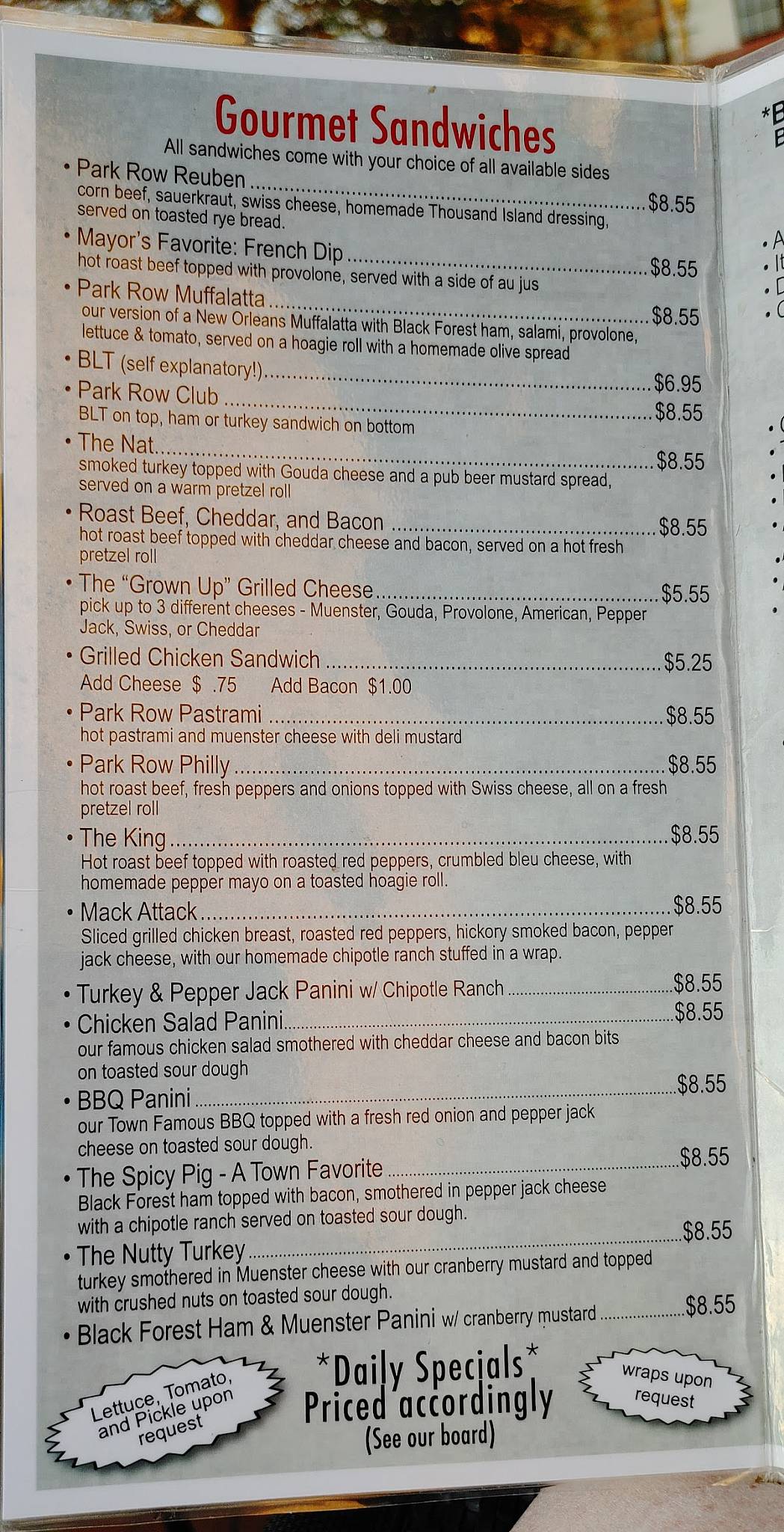 Menu at Park Row Market No. 1 restaurant, Edgefield