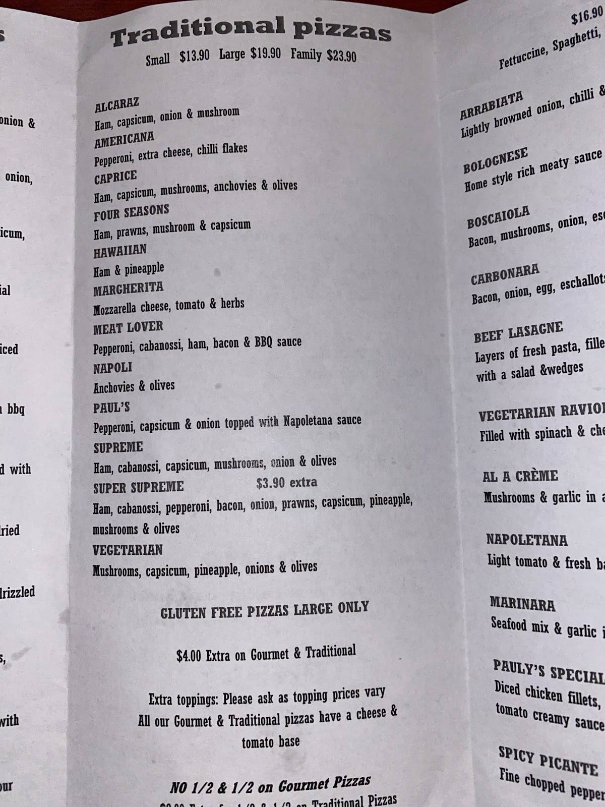Menu at Pauly's Gourmet Kitchen restaurant, Morisset
