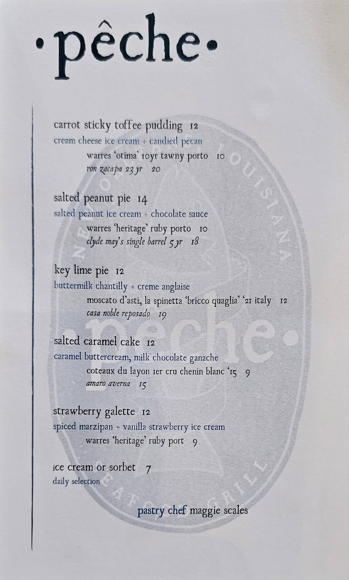 Menu at Pêche Seafood Grill restaurant, New Orleans