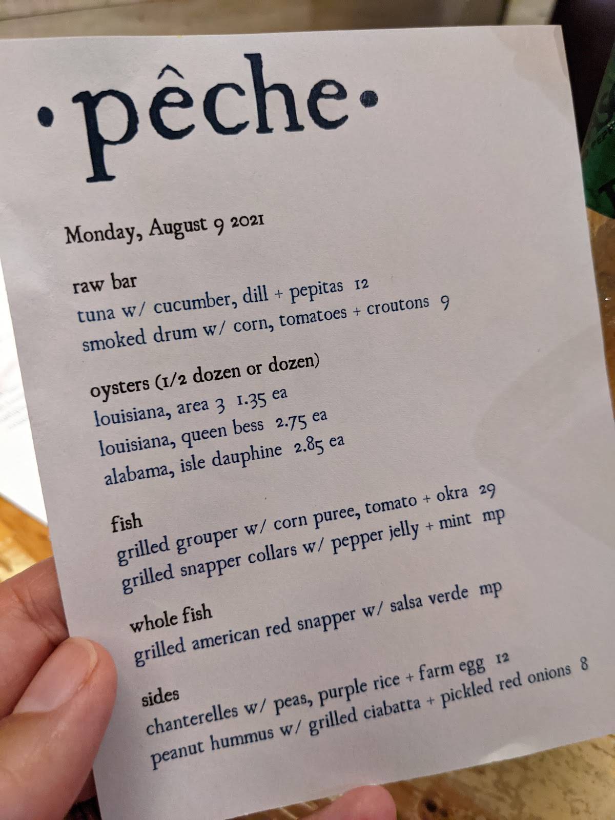 Menu at Pêche Seafood Grill restaurant, New Orleans