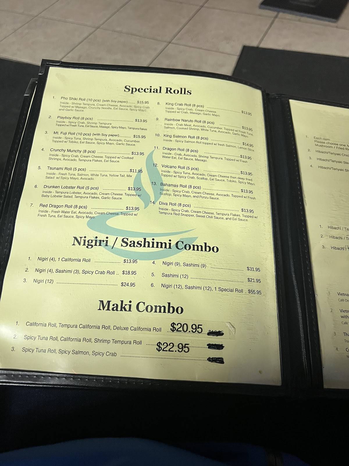 Menu at Phở Shiki restaurant, Columbus