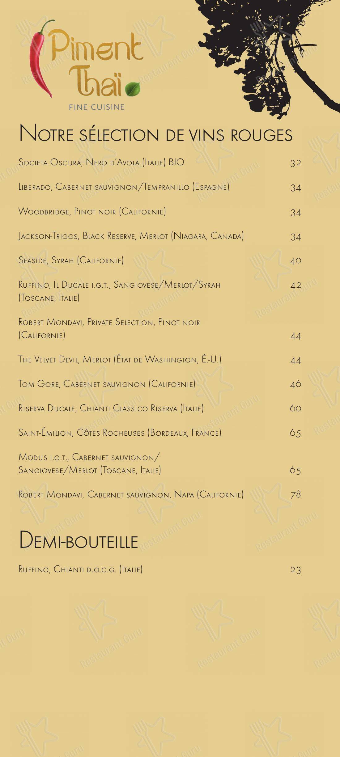 Menu au Restaurant Piment Thaï Inc., Saint-Sauveur