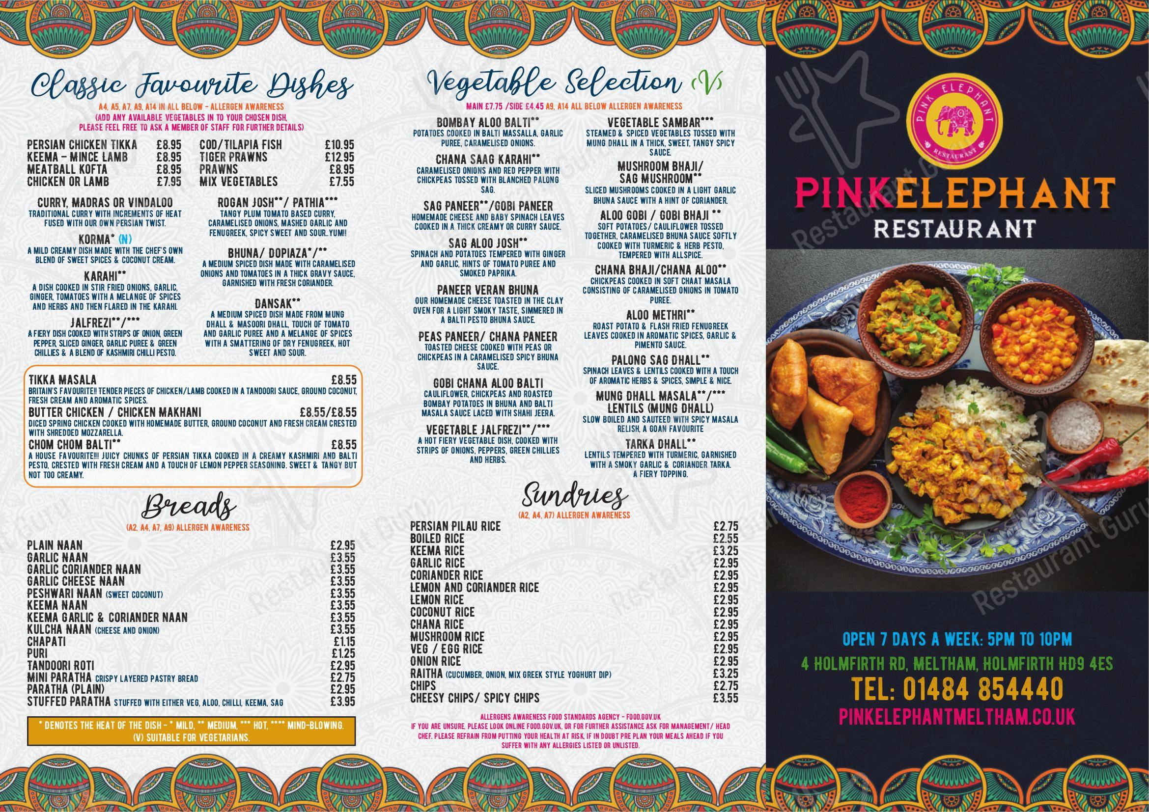 Carta de Pink Elephant Restaurant, Holmfirth, 4 Holmfirth Rd