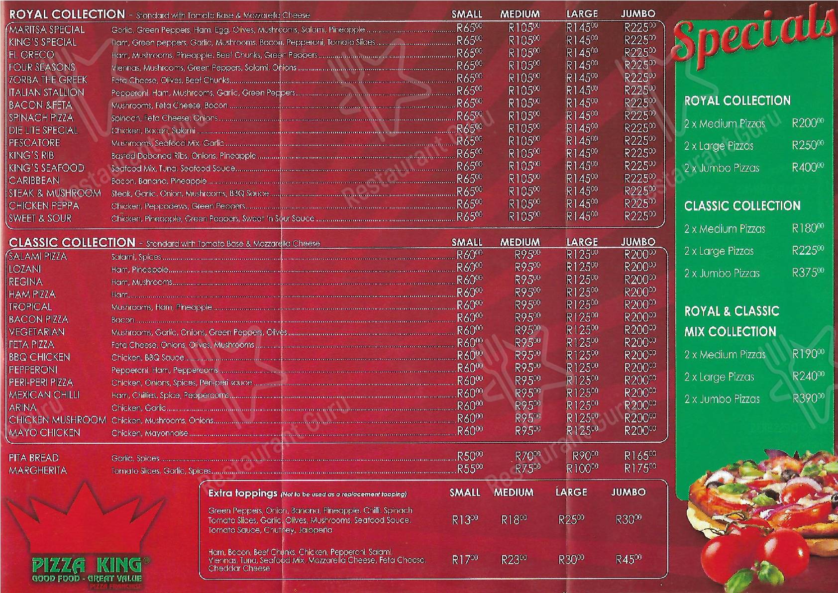 Menu at Pizza King restaurant, Kimberley