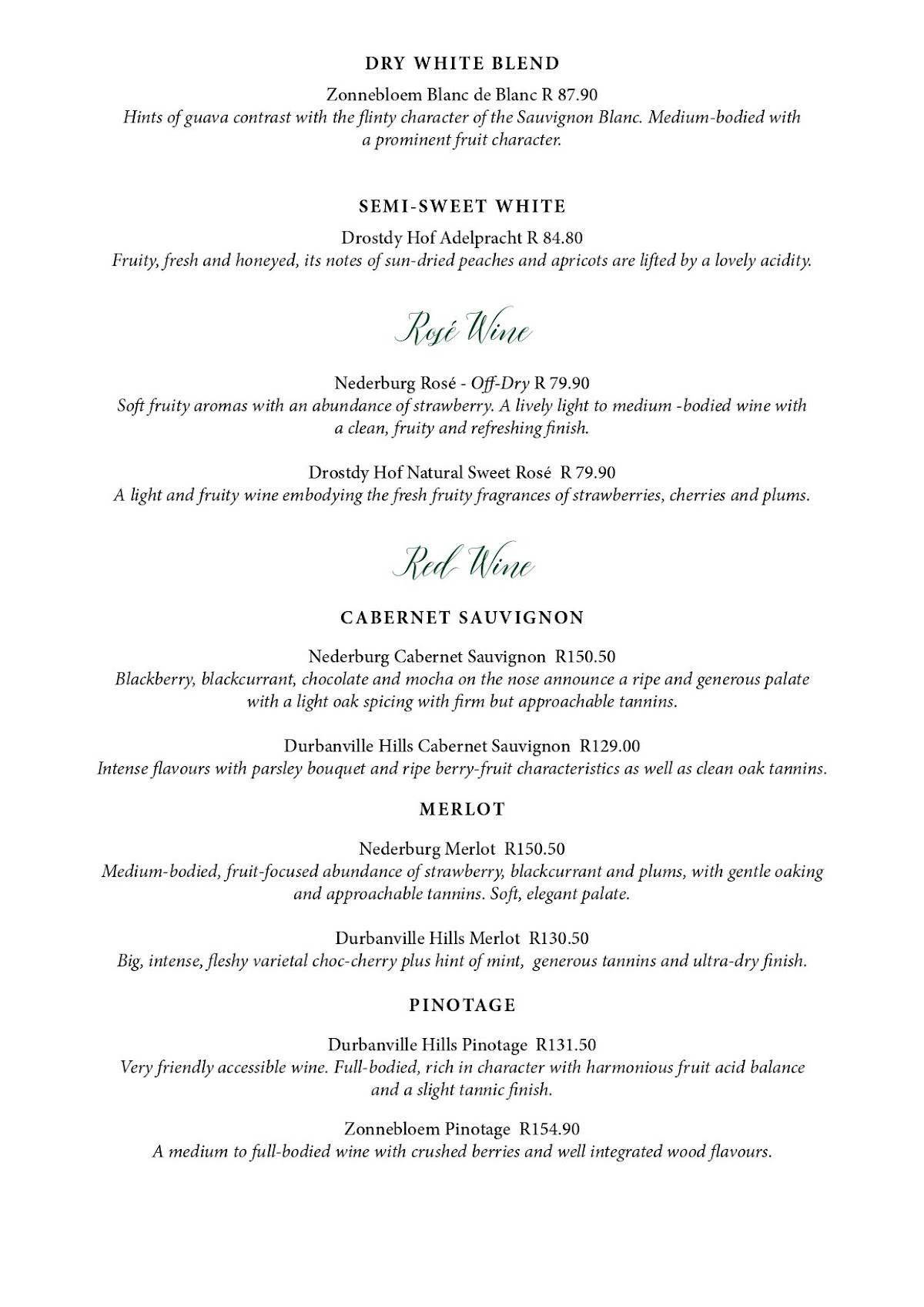 Menu at Platrand Lodge restaurant, Ladysmith