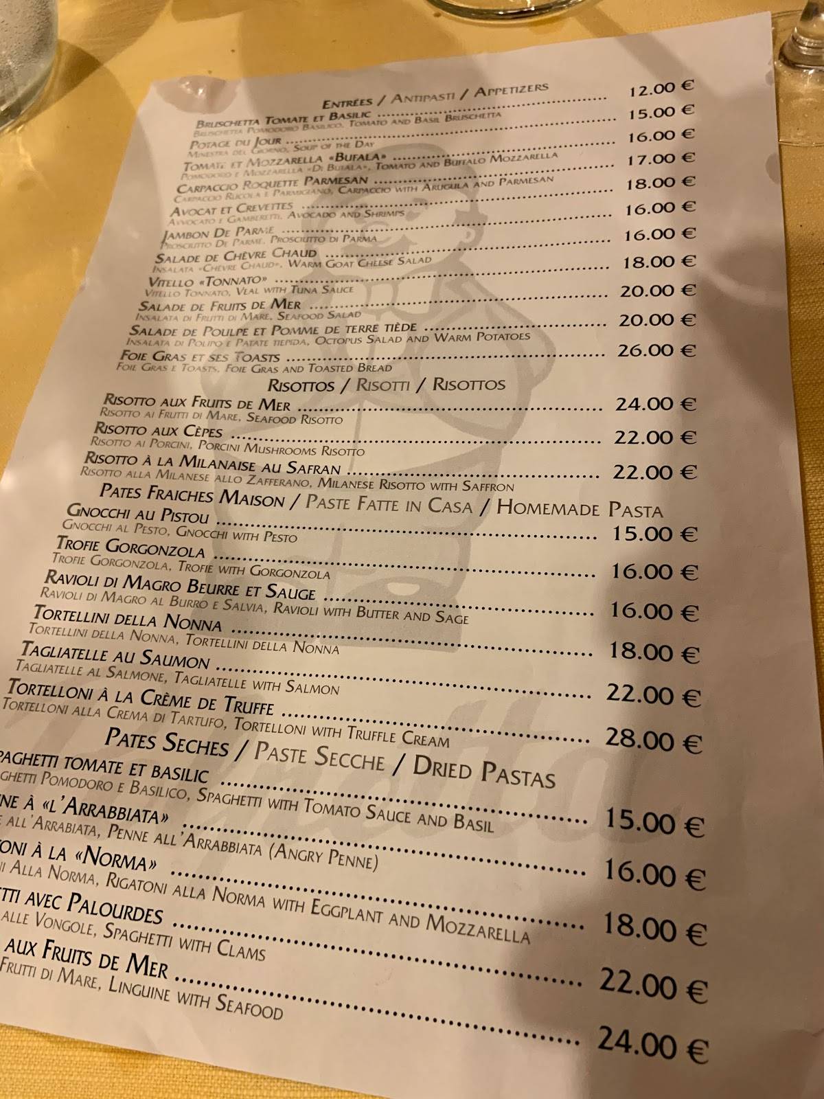 Menu at Polpetta restaurant, Monaco-Ville, 2 Rue Paradis
