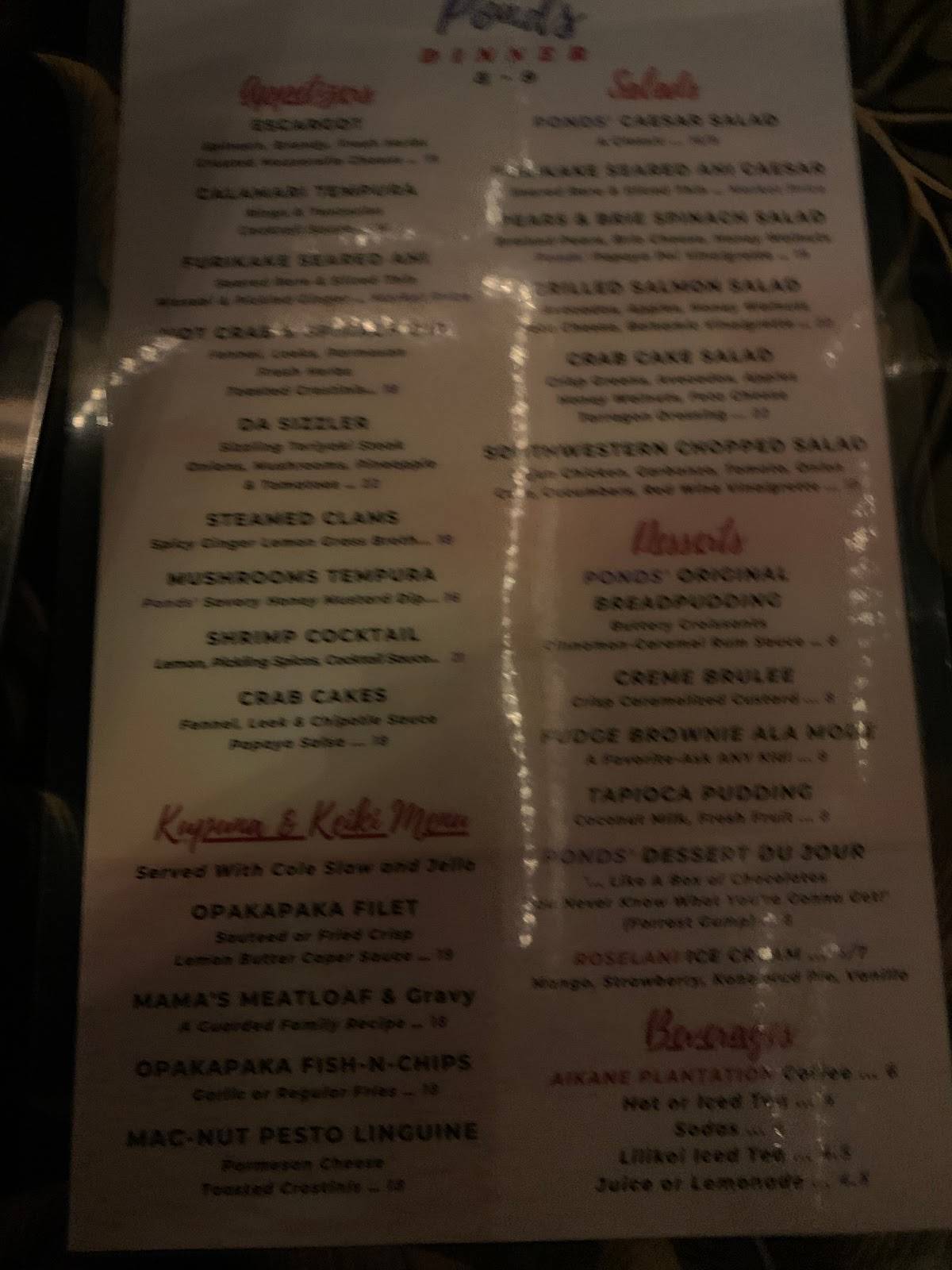 Menu at Ponds Hilo restaurant, Hilo