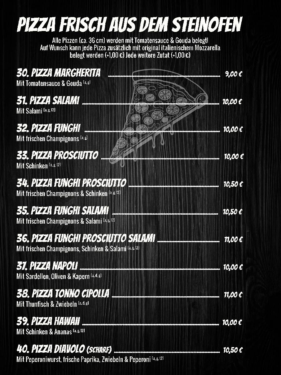 Speisekarte von Popeye's Grande Pizza, Mayen