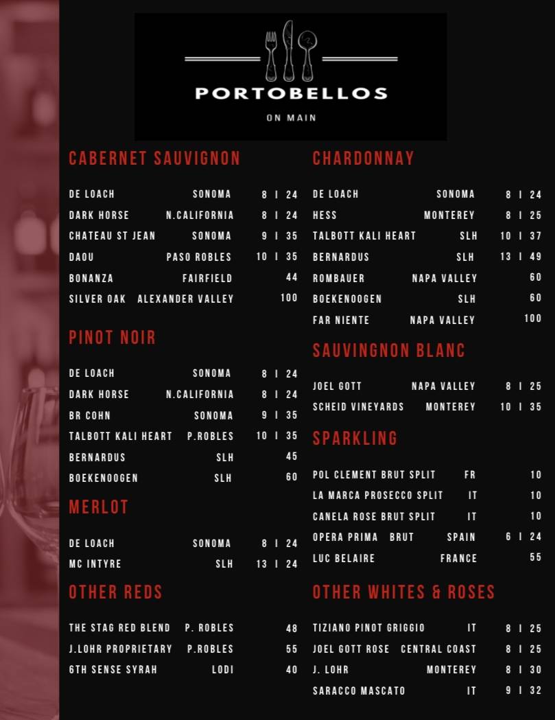 Menu at Portobello's on Main restaurant, Salinas, 150 Main St #116
