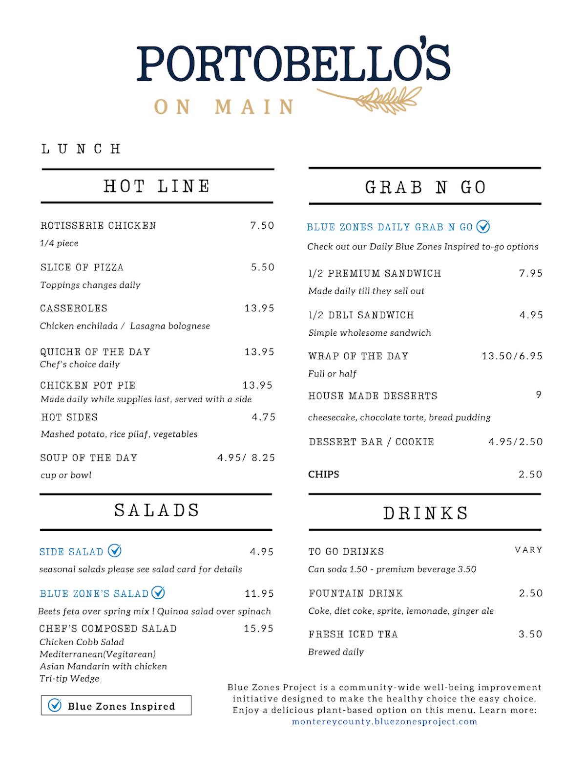 Menu at Portobello's on Main restaurant, Salinas, 150 Main St #116