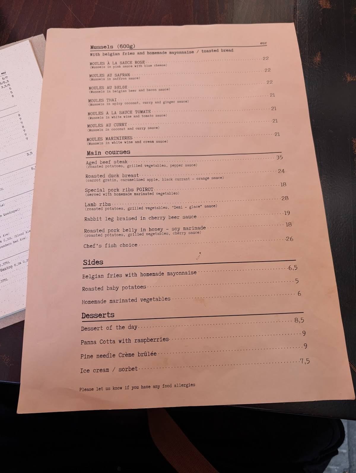 Menu at Puaro restaurant, Vilnius