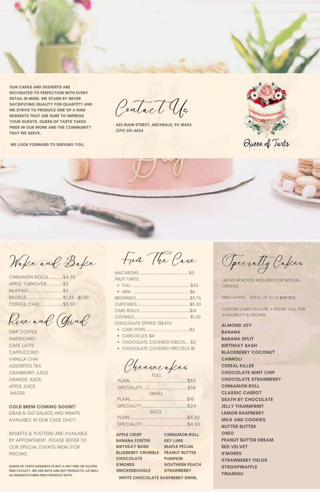Carta de Queen of Tarts Desserts, Archbald