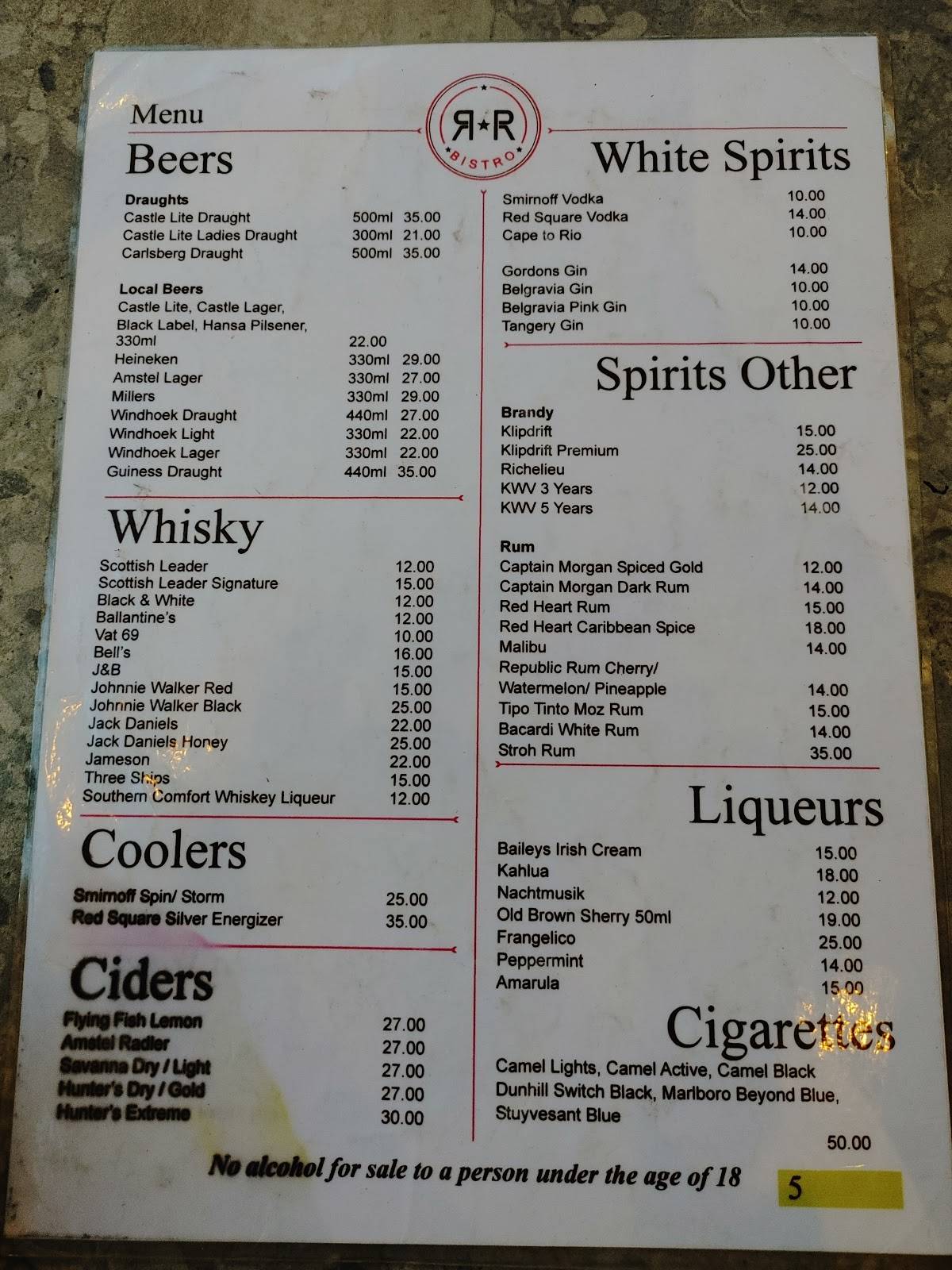 Menu at R&R Bistro restaurant, Pretoria, CNR Nico Smith St