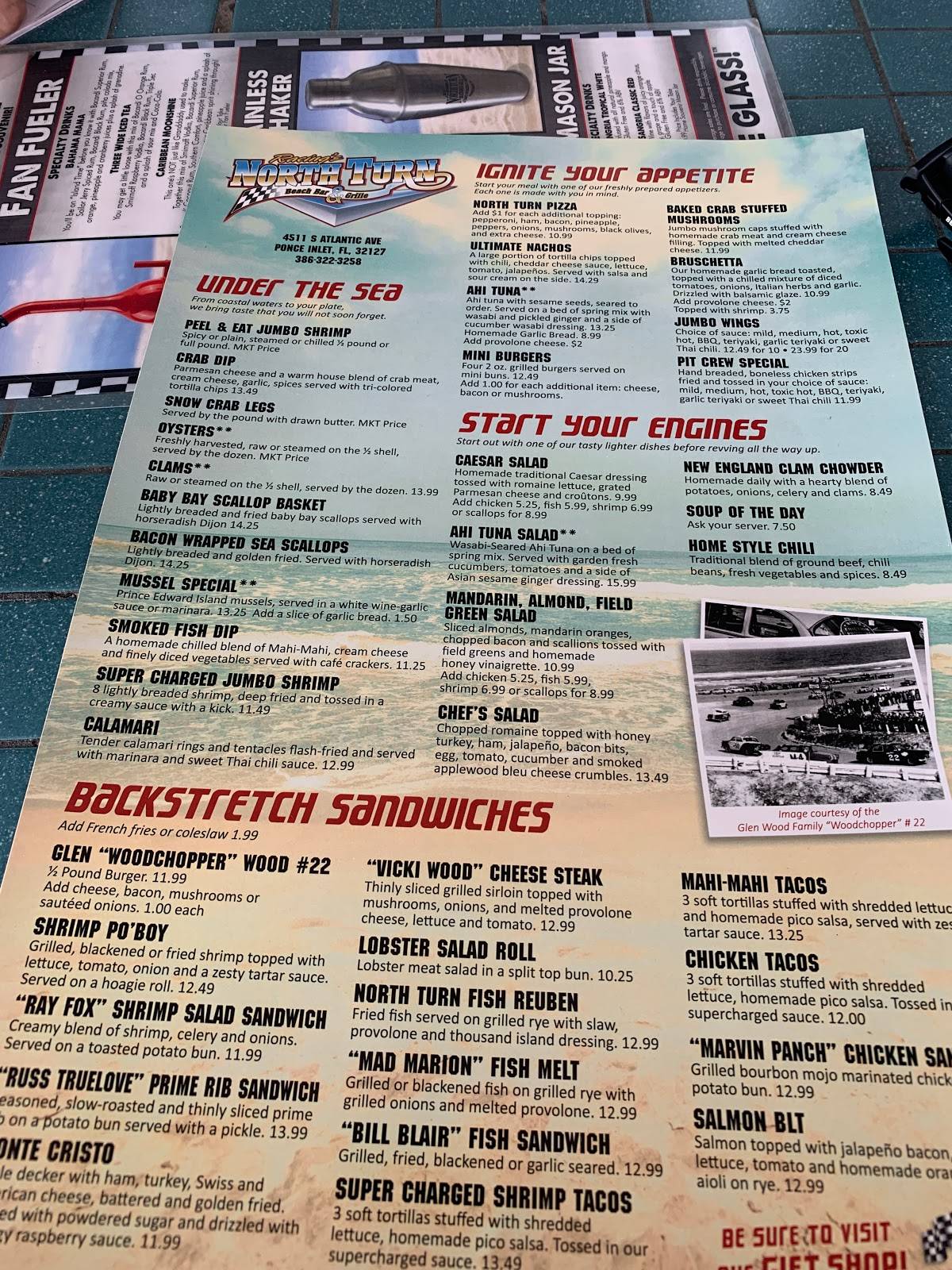 Menu at Racing's North Turn restaurant, Ponce Inlet