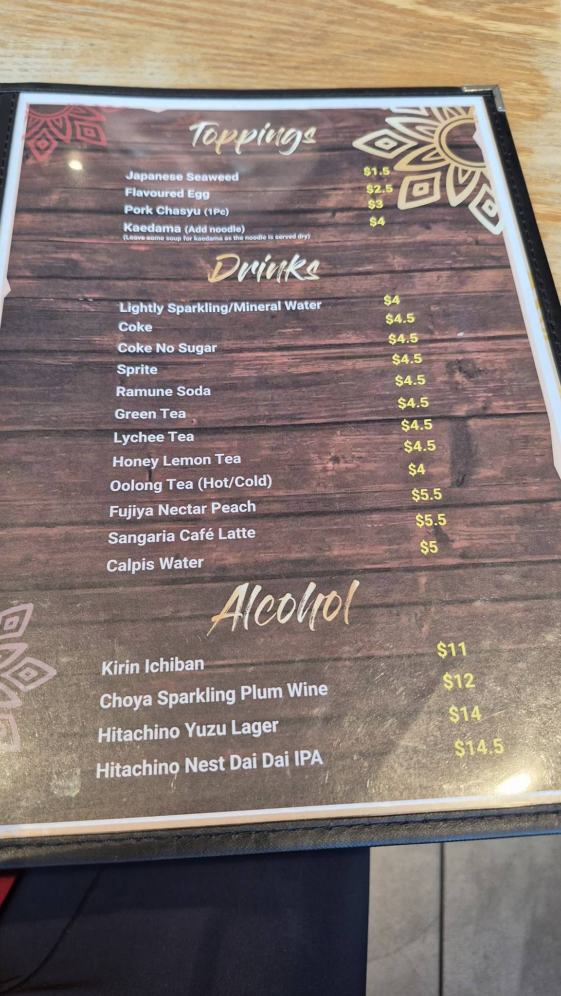 Menu at Ramen Keisuke Tonkotsu King restaurant, Perth