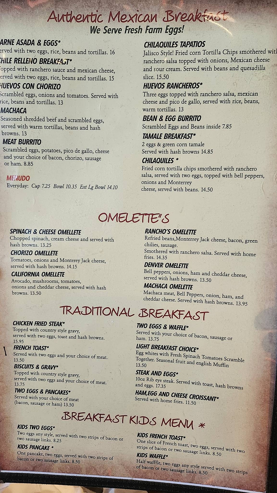 Menu at Rancho Rustico Restaurant, Tucson, E Old Vail Rd