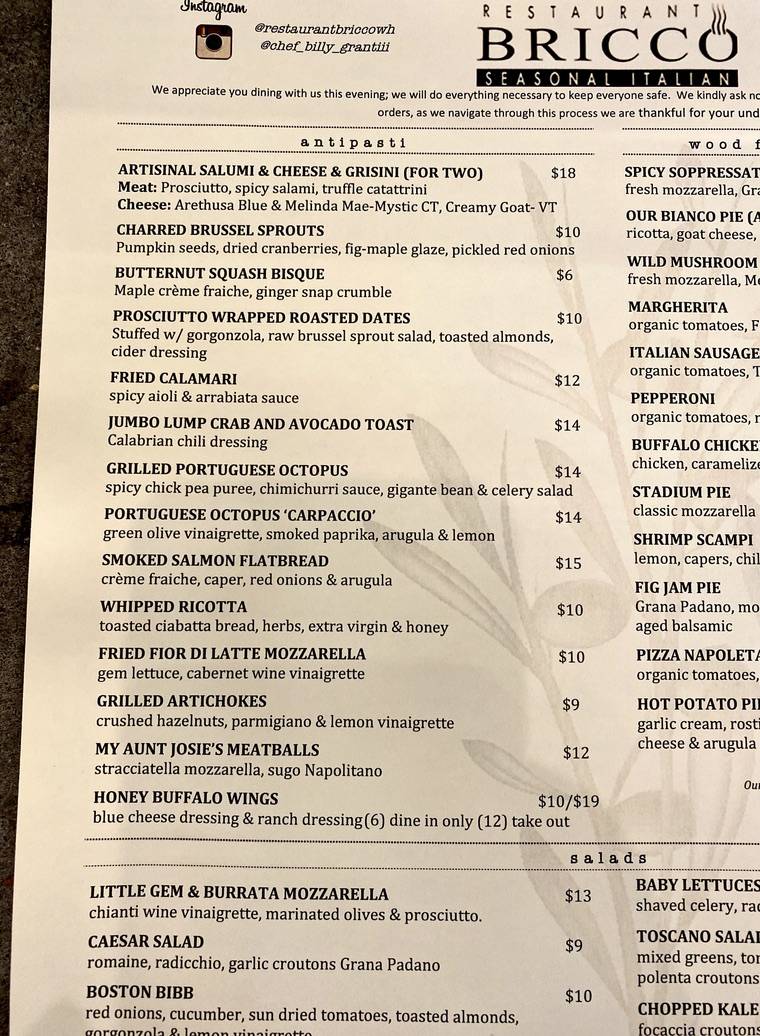 Menu at Restaurant Bricco, West Hartford