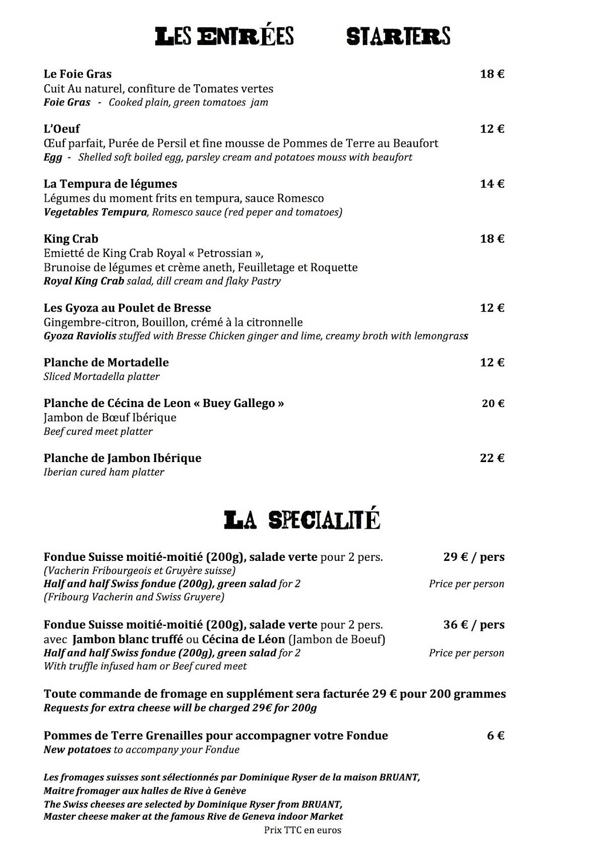 Menu at Restaurant La Baraque - Val d'Isère, Val-d'Isère, 137 Av. Olympique