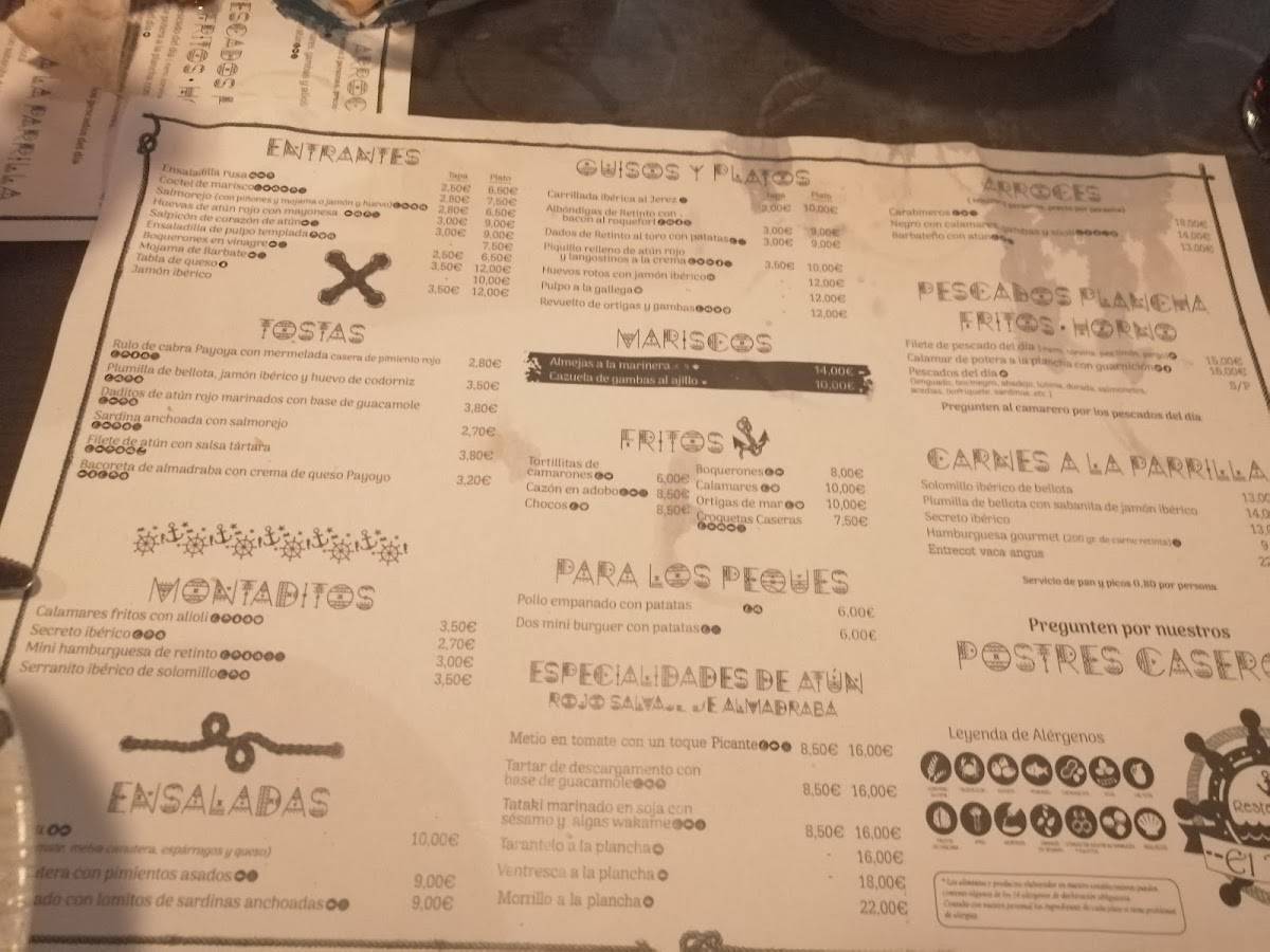 Carta del restaurante El timón, Barbate